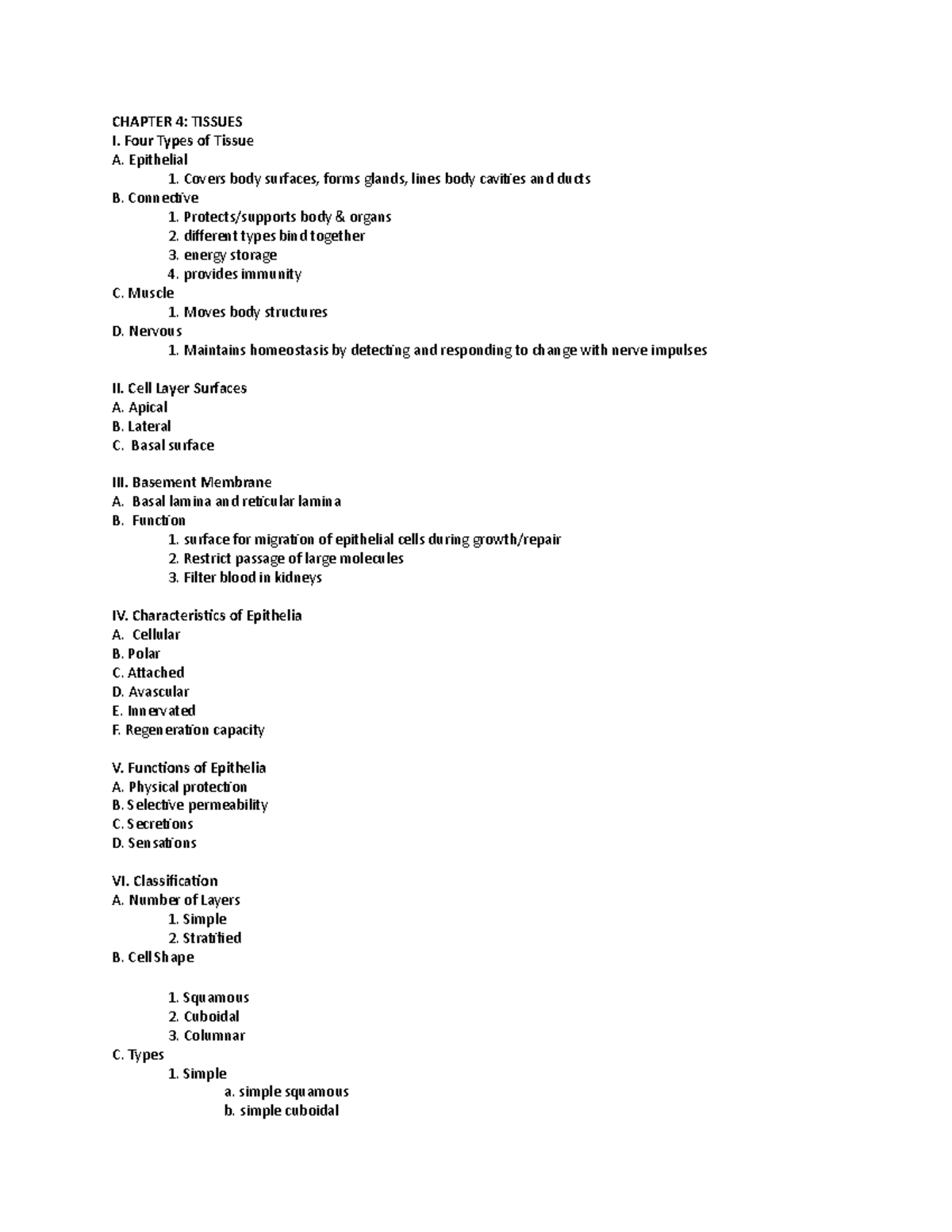 C5 Lecture Outline and Goals - CHAPTER 4: TISSUES I. Four Types of ...