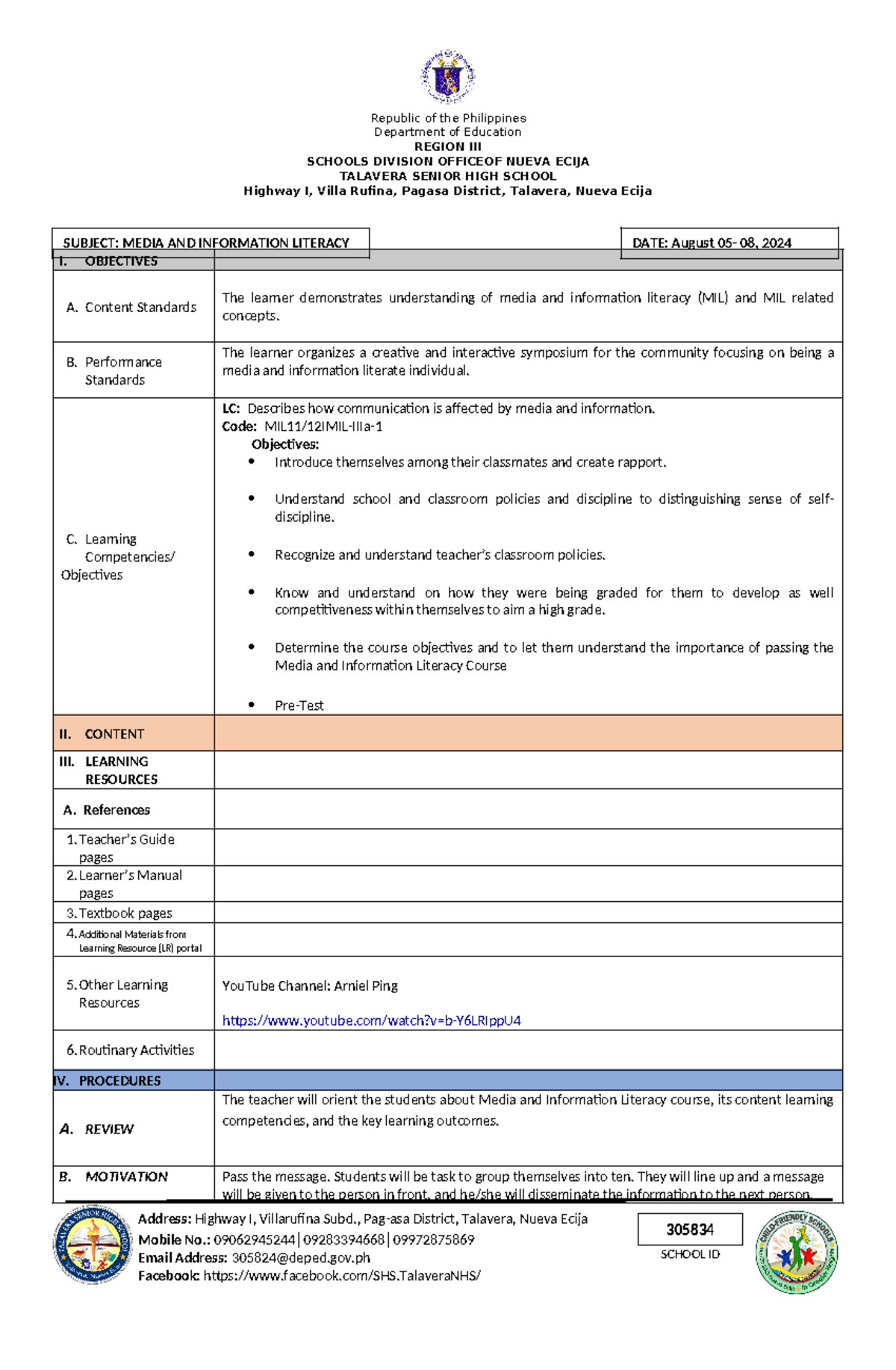 MIL WEEK 2 Pre test and Intro to MIL - 305834 SCHOOL ID Republic of the ...