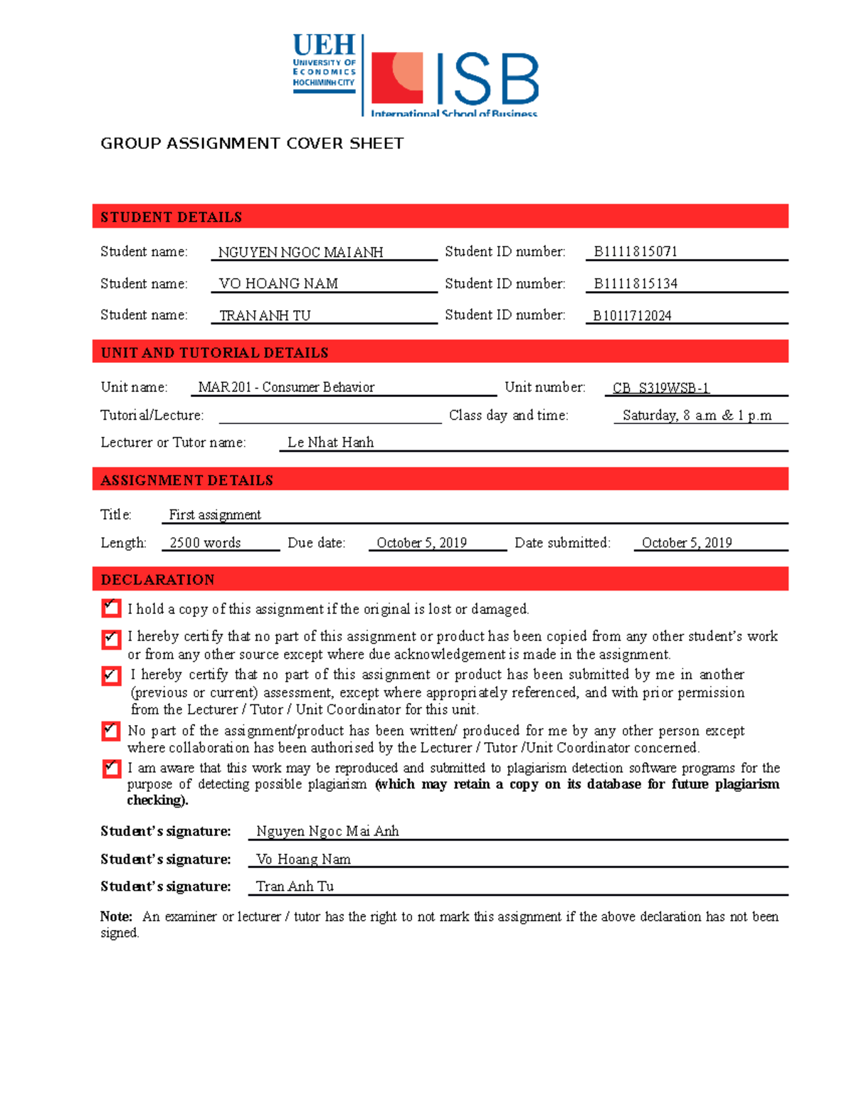 URT - EASY - GROUP ASSIGNMENT COVER SHEET STUDENT DETAILS Student name ...