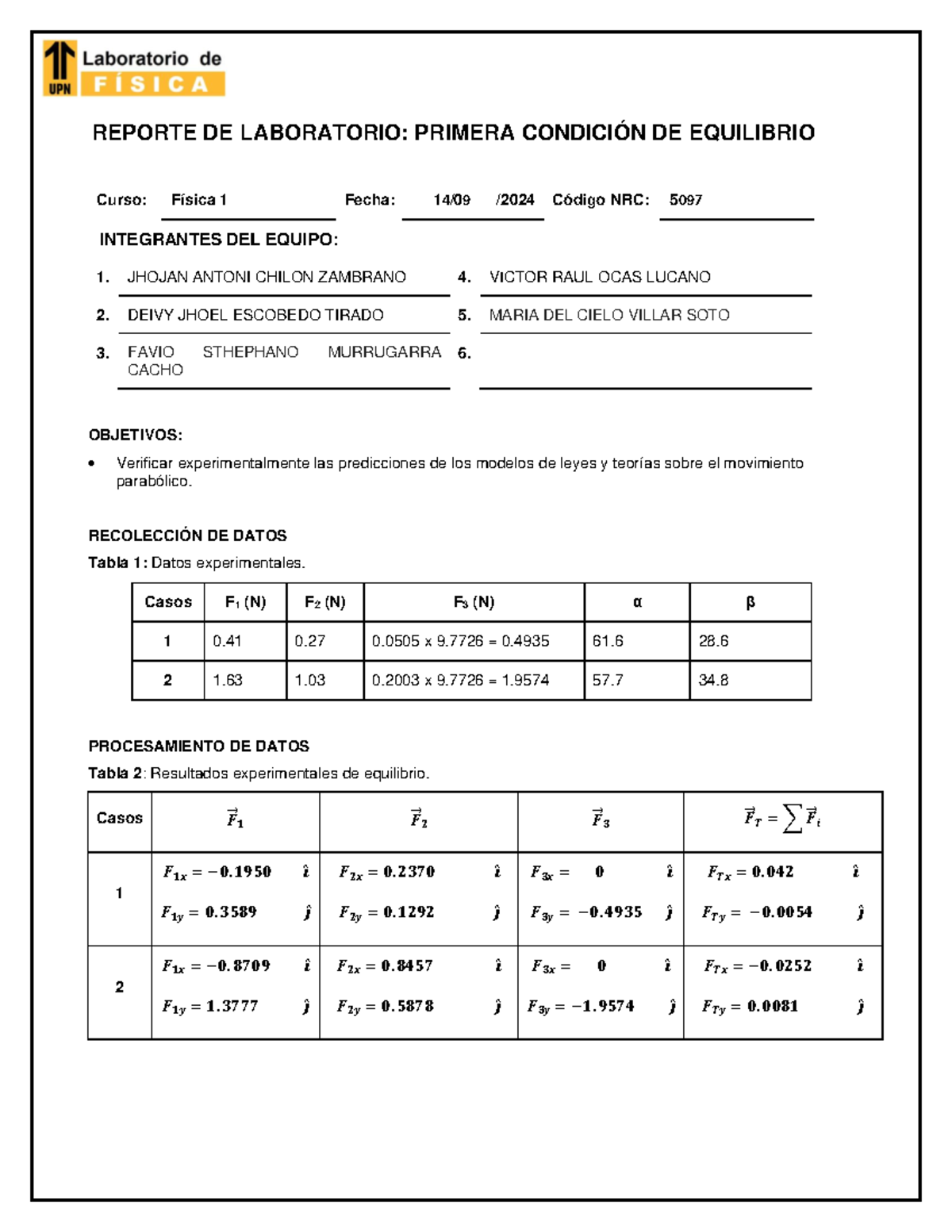 Reporte LAB FISI1 S05 PCE 2024 - REPORTE DE LABORATORIO: PRIMERA CONDICIÓN DE EQUILIBRIO Curso ...