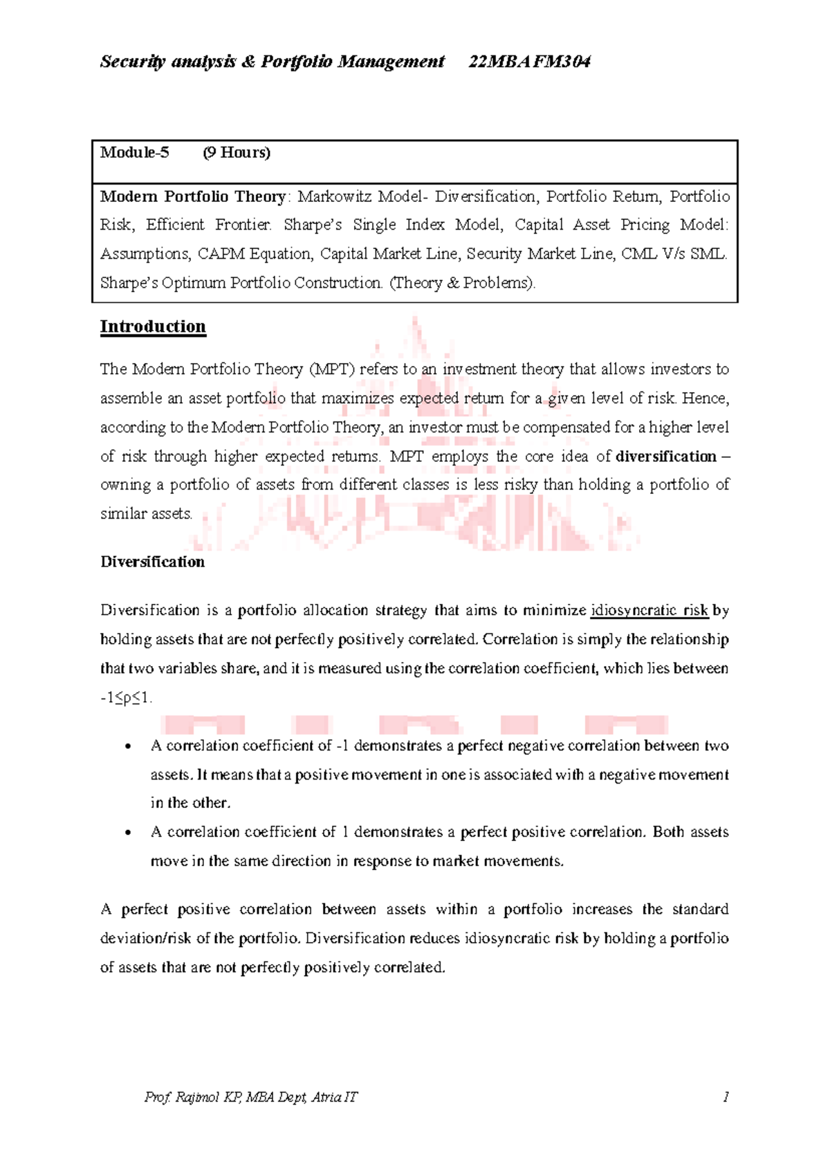 Module 5 - Investment Management - Module- 5 (9 Hours) Modern Portfolio ...