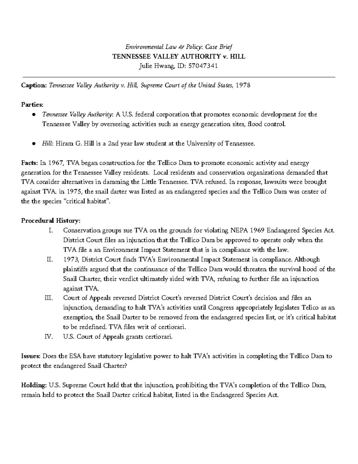 TVA v - Case brief - Environmental Law & Policy: Case Brief TENNESSEE ...