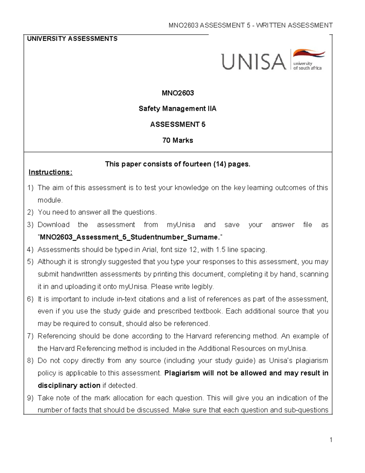MNO2603 Assessment 5 (Word format) - UNIVERSITY ASSESSMENTS MNO Safety ...