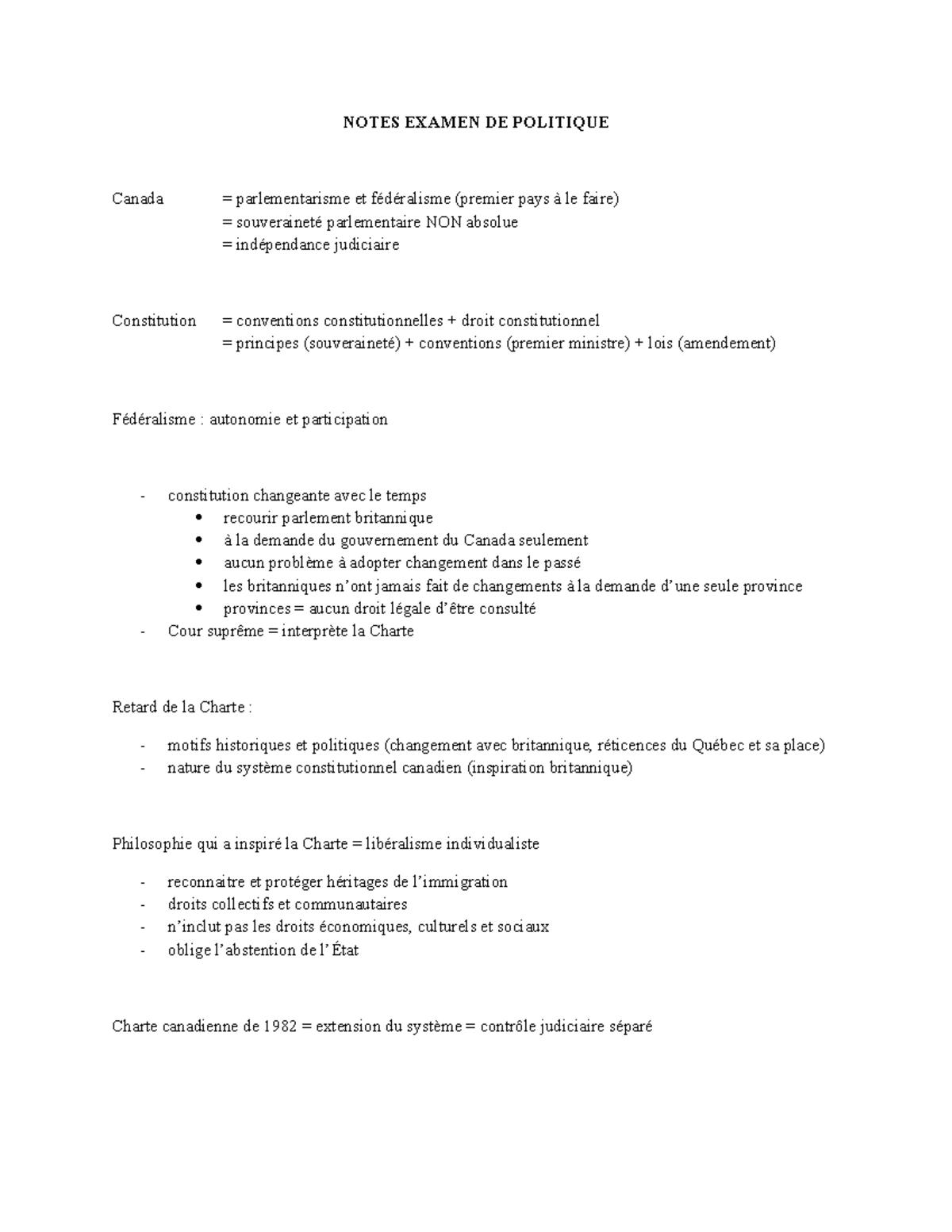 Notes examen politique - NOTES EXAMEN DE POLITIQUE Canada ...