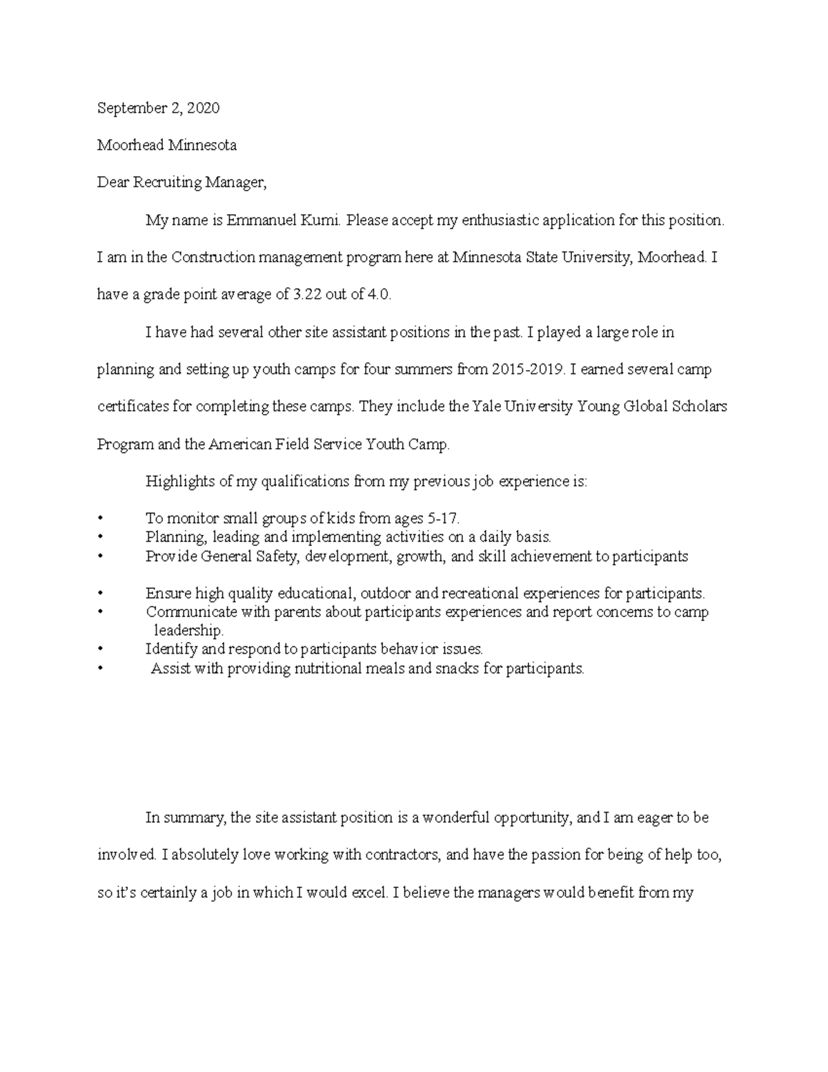 Emmanuel's Cover Letter - September 2, 2020 Moorhead Minnesota Dear ...