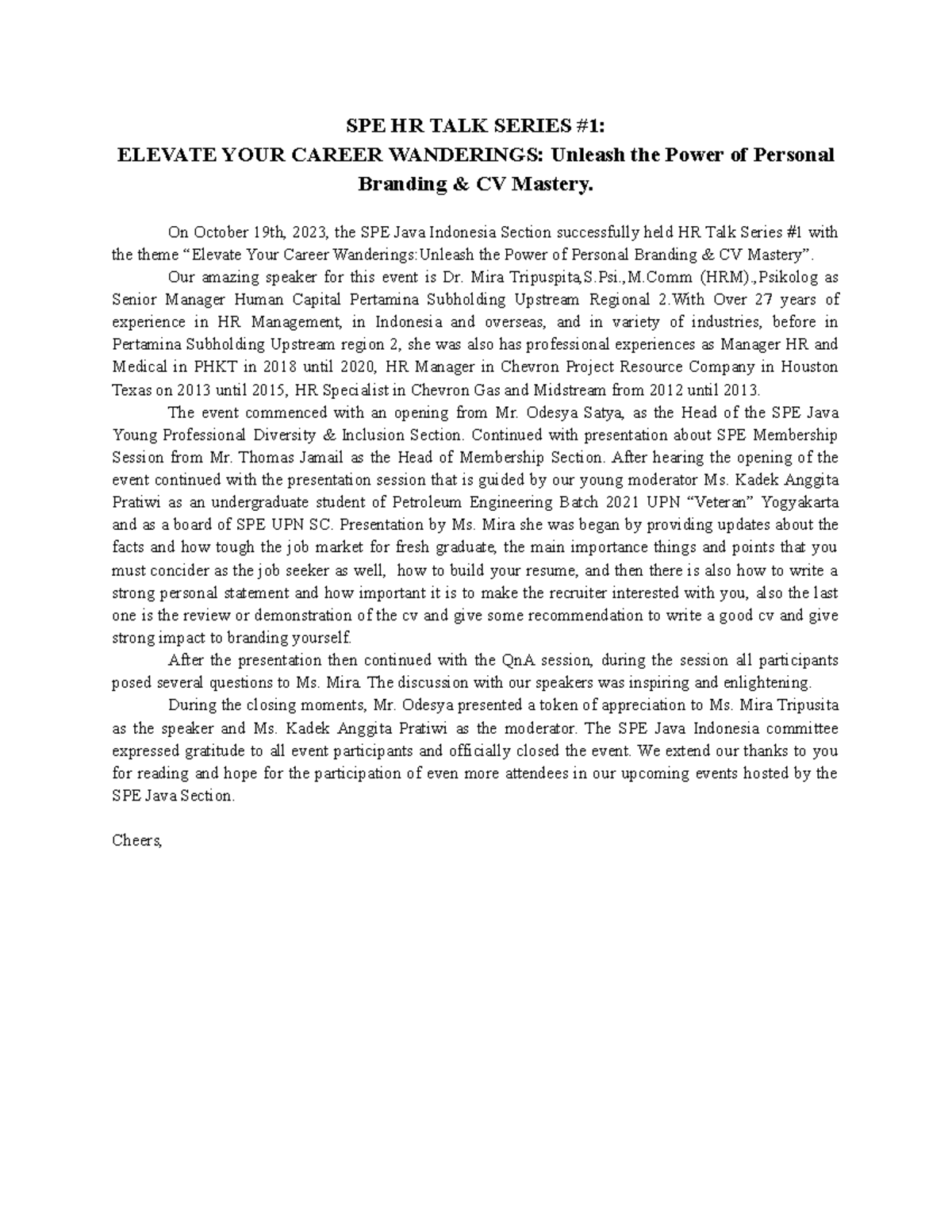 SPE HR TALK Series #1 - Article Report of SPE Java Indonesia HR Talk #1 ...