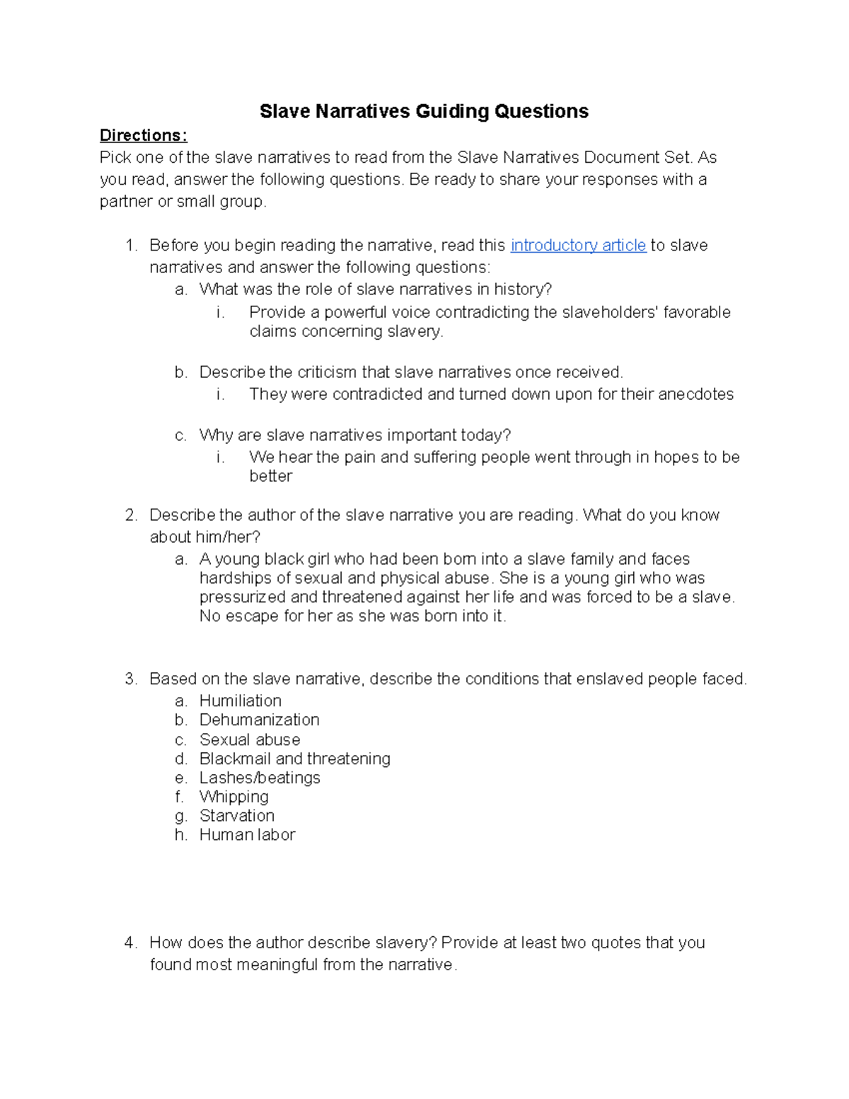 Slave Narratives Guiding Question - Copy - Slave Narratives Guiding ...