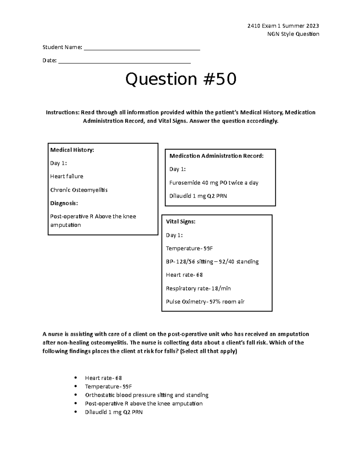 NGN Question. fall risk - 2410 Exam 1 Summer 2023 NGN Style Question ...