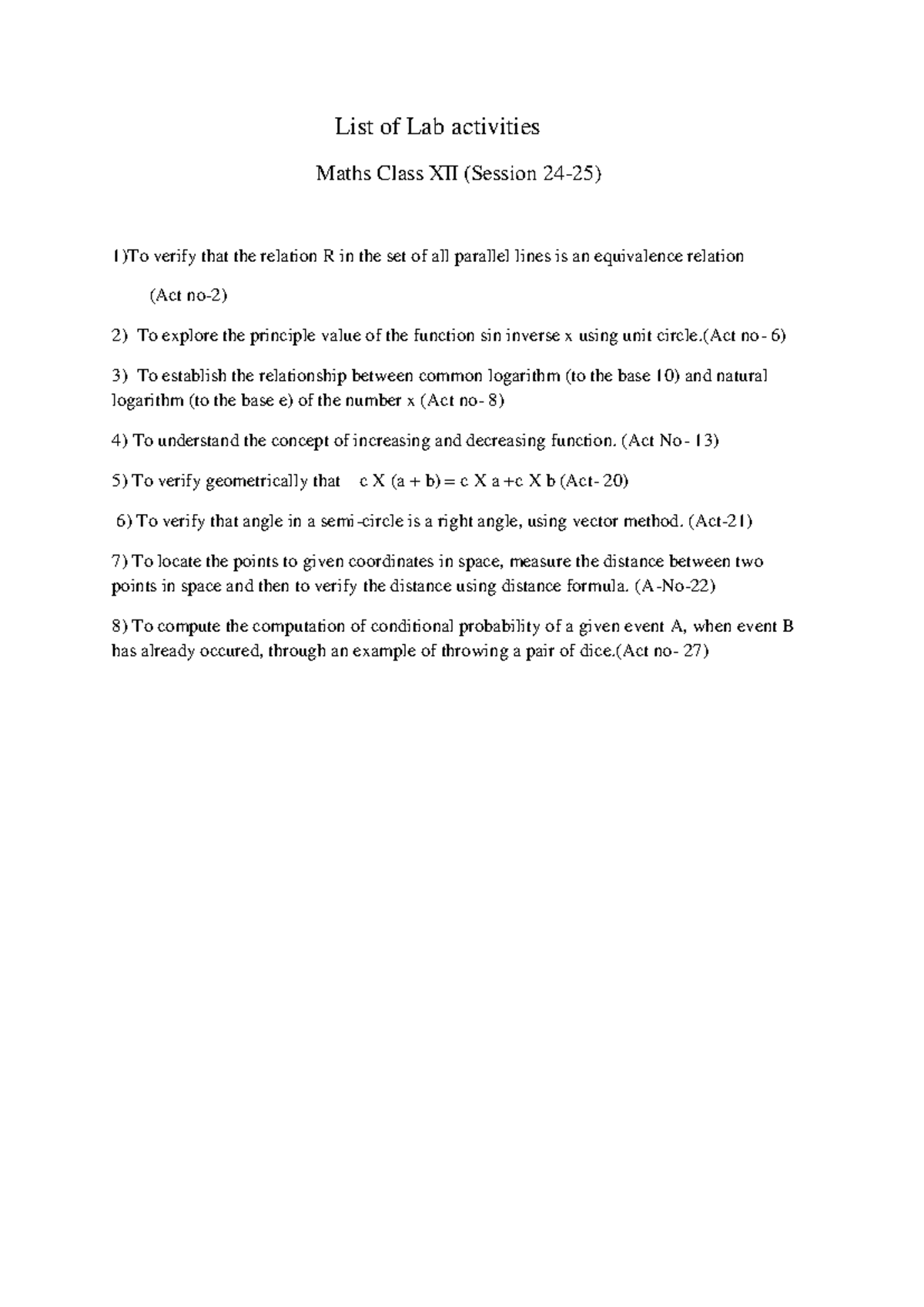 Lab act maths XII - 24-25 - List of Lab activities Maths Class XII (Session 2 4 - 25 ) 1)To ...