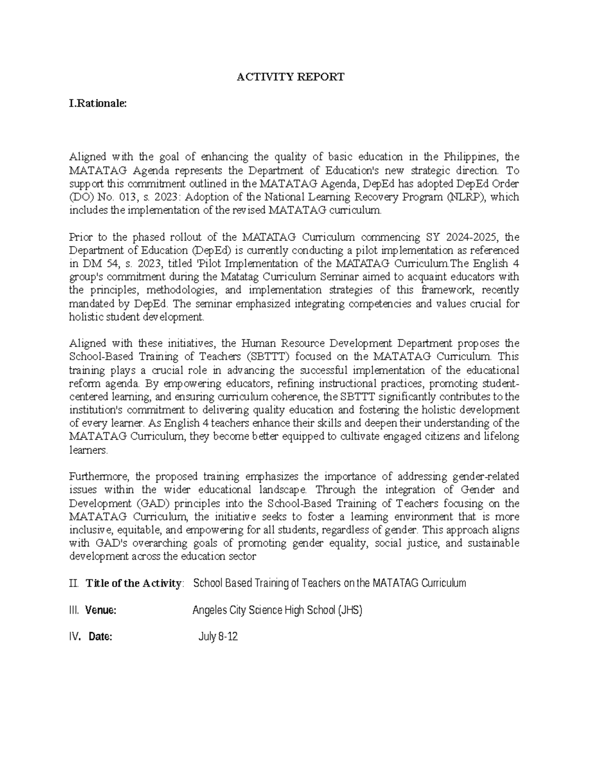 English 4 Activity Report - ACTIVITY REPORT I: Aligned with the goal of ...