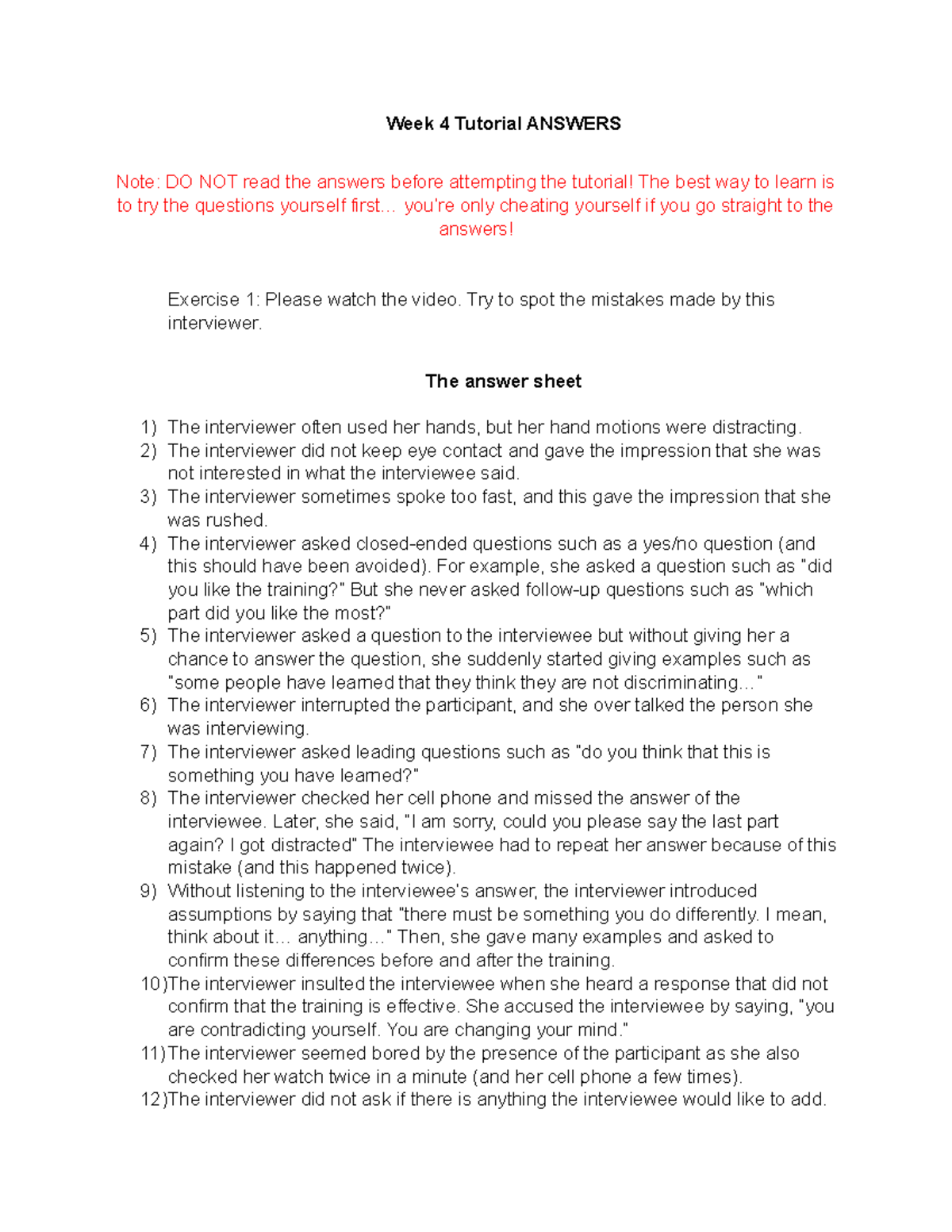 Interviewing tutorial Answers - Week 4 Tutorial ANSWERS Note: DO NOT ...