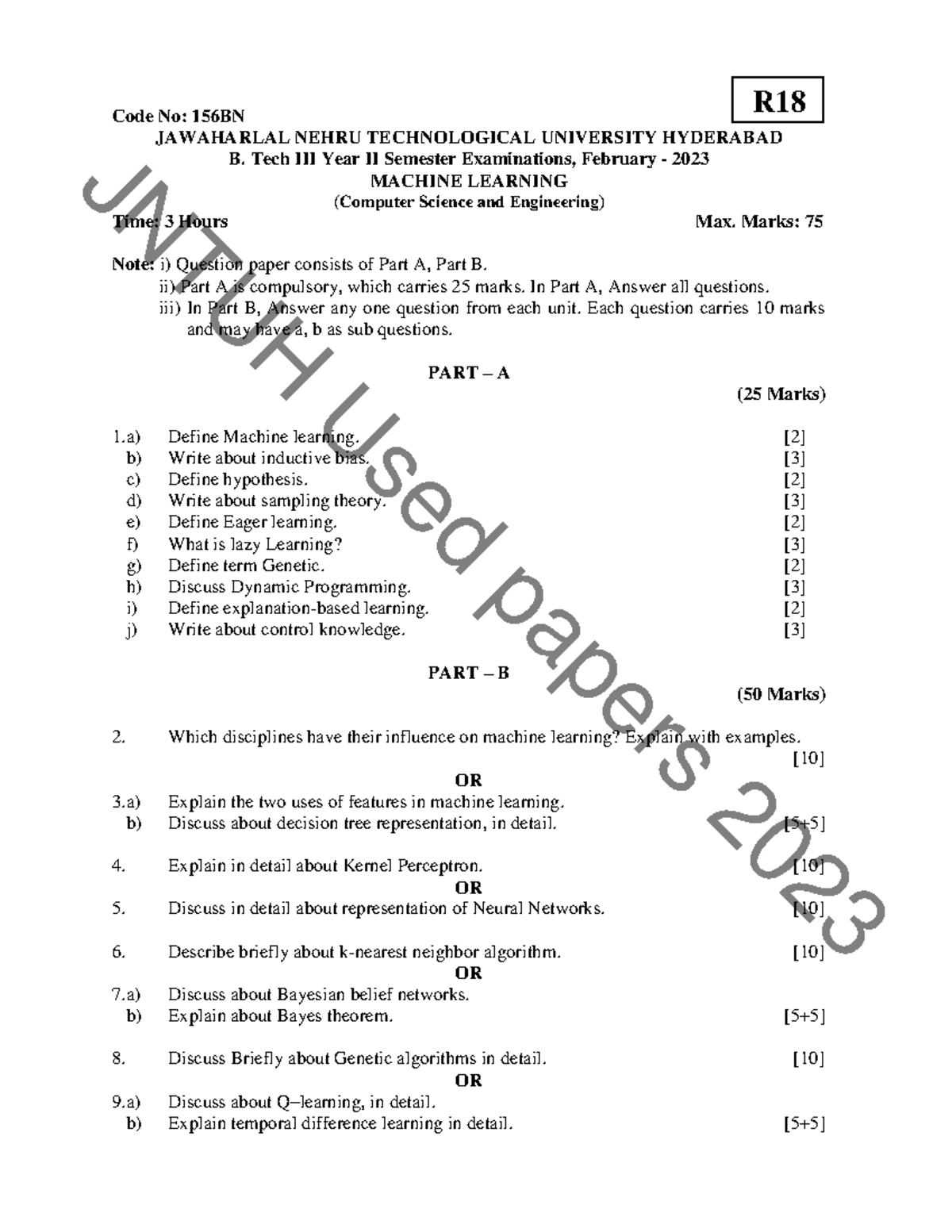 ML Question Papers - Code No: 156BN JAWAHARLAL NEHRU TECHNOLOGICAL UNIVERSITY HYDERABAD B. Tech ...