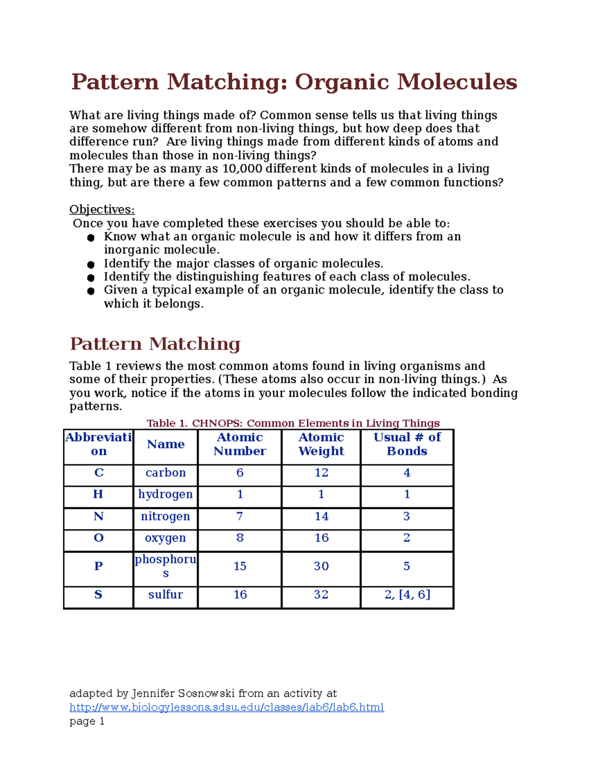Biochemistry Pattern Matching I - Pattern Matching: Organic Molecules ...