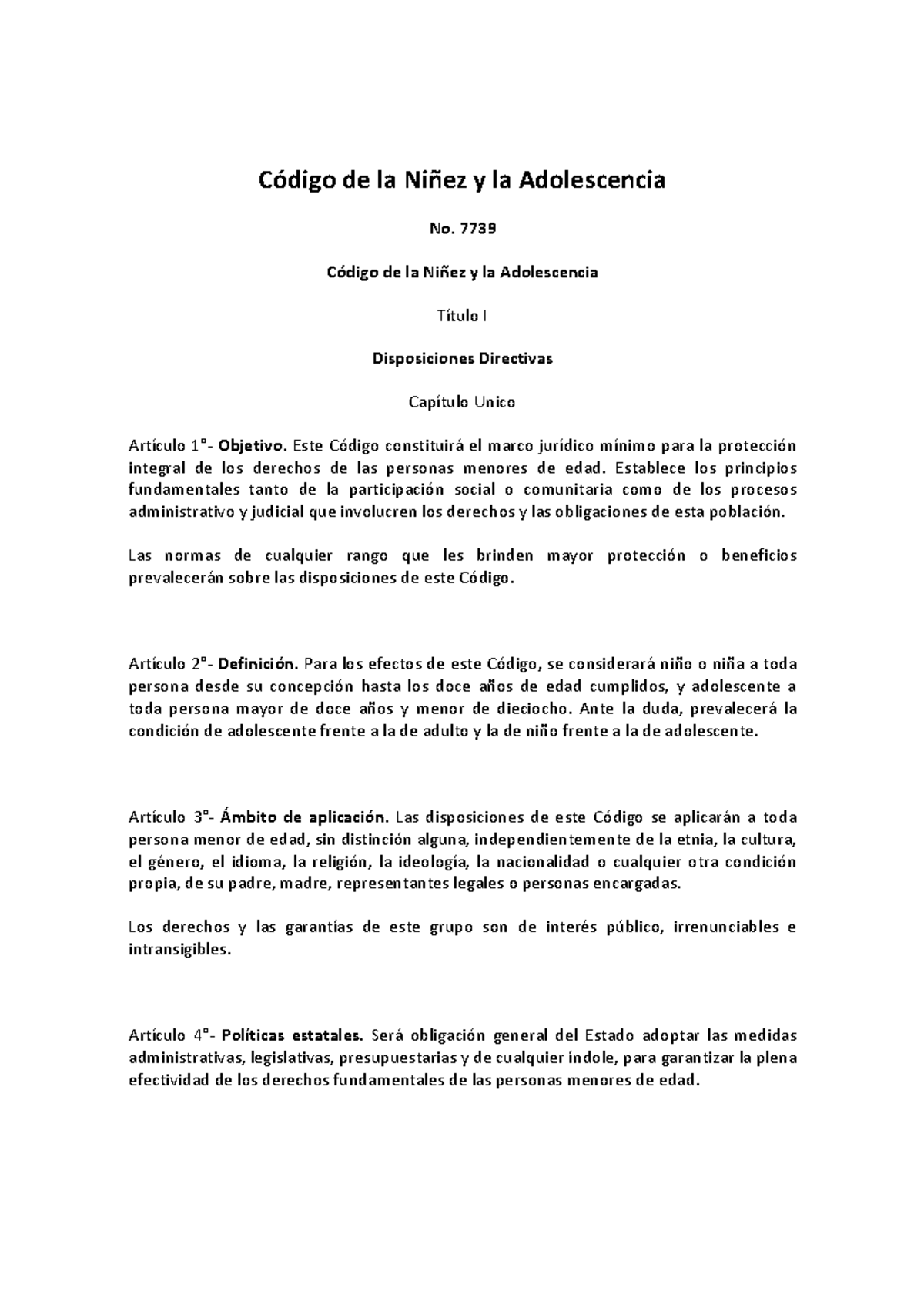 Codigo ninez adolescencia. - Código de la Niñez y la Adolescencia No. 7739 Código de la Niñez y ...