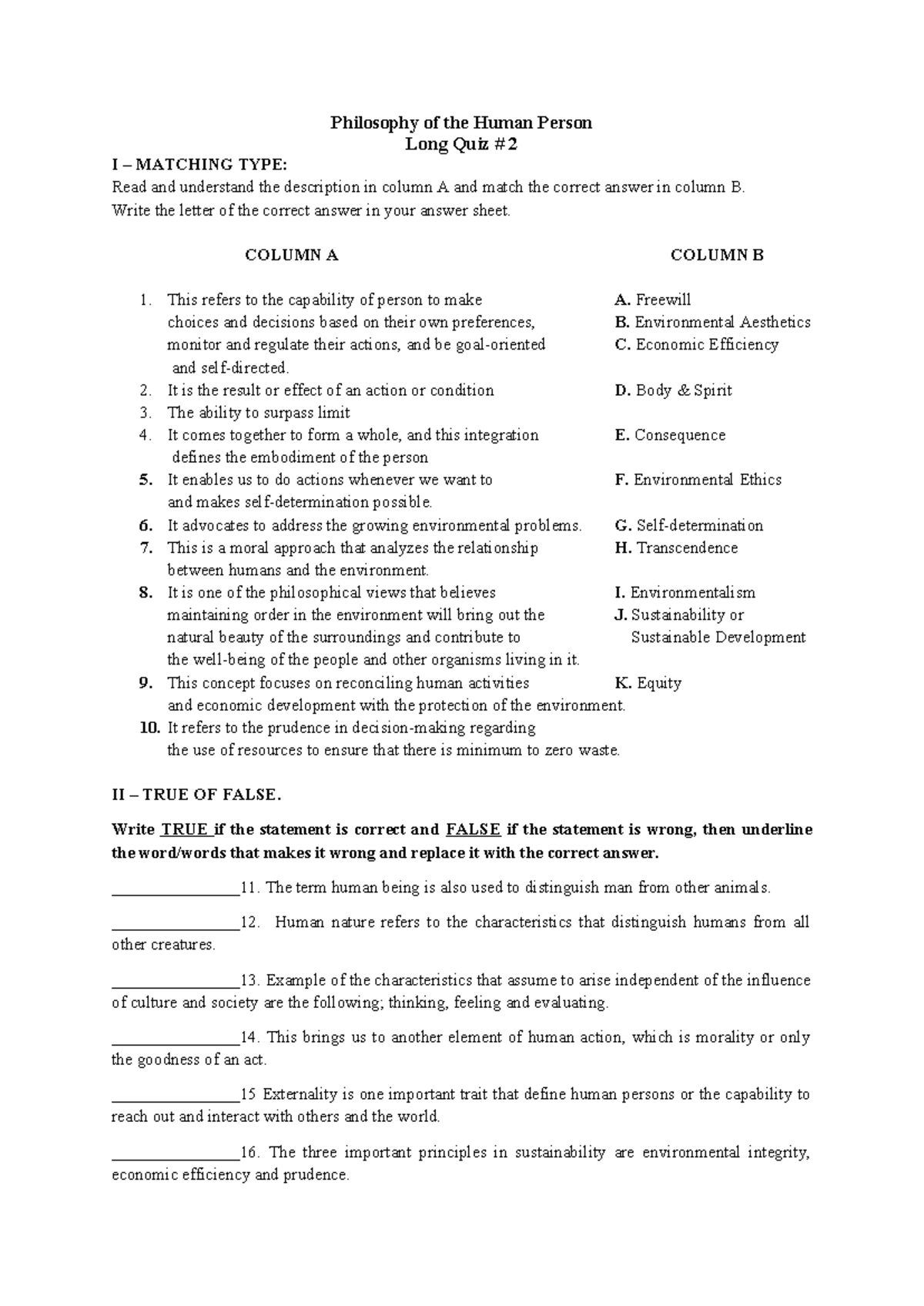Philo-Long Quiz 2 - quiz - Philosophy of the Human Person Long Quiz # 2 ...