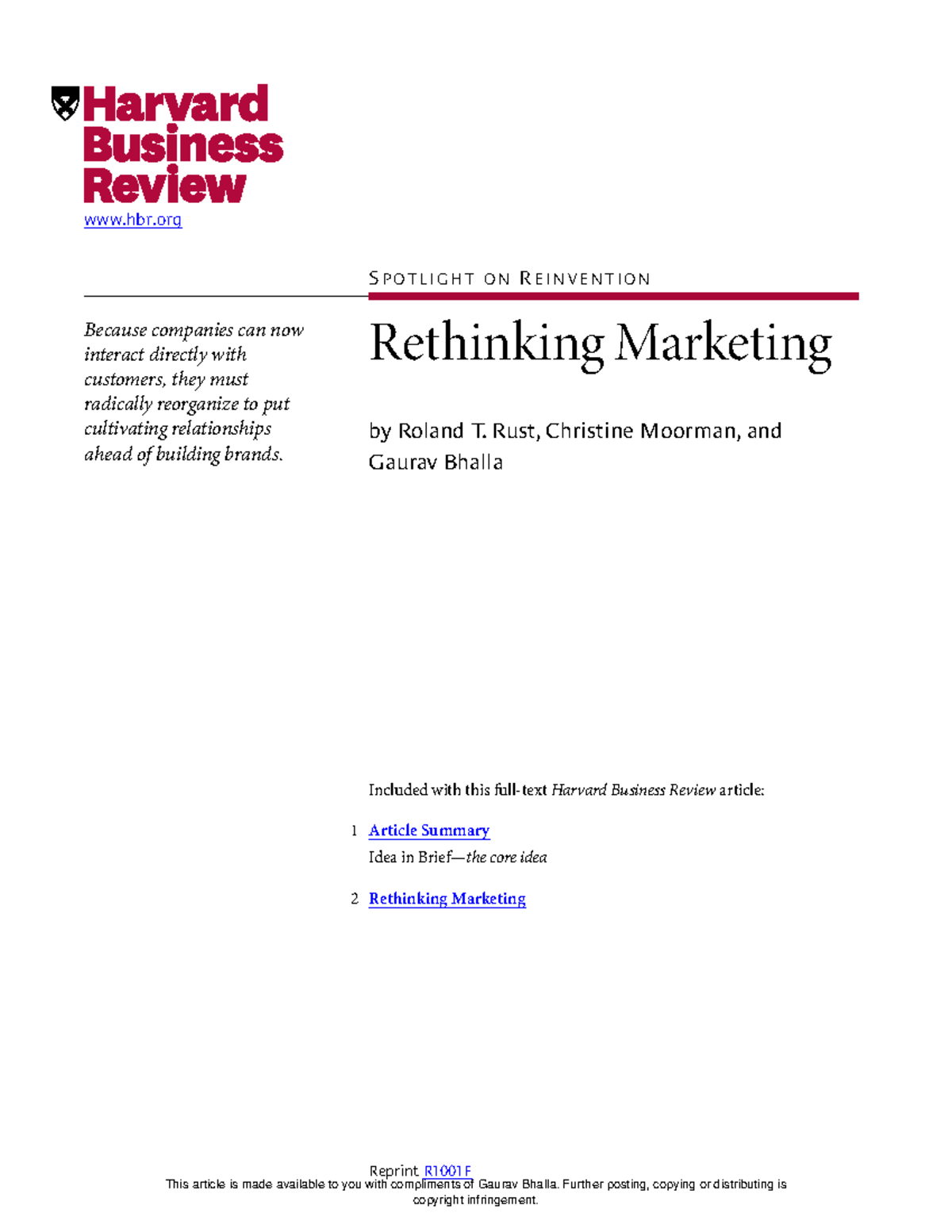 Rethinking-Marketing - hbr S P O T L I G H T O N R E I N V E N T I O N ...