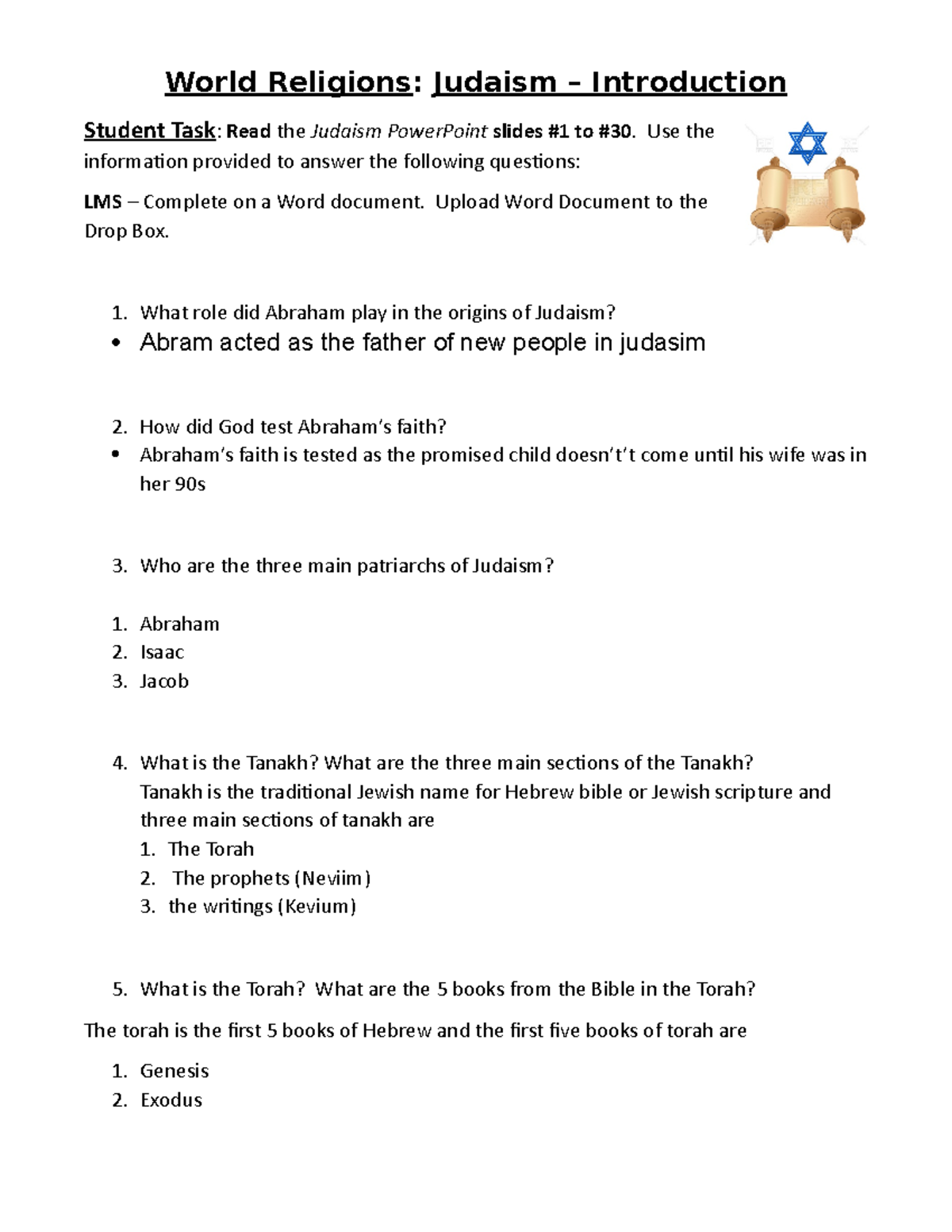 Judaism Student Task 1 LMS - World Religions: Judaism – Introduction ...