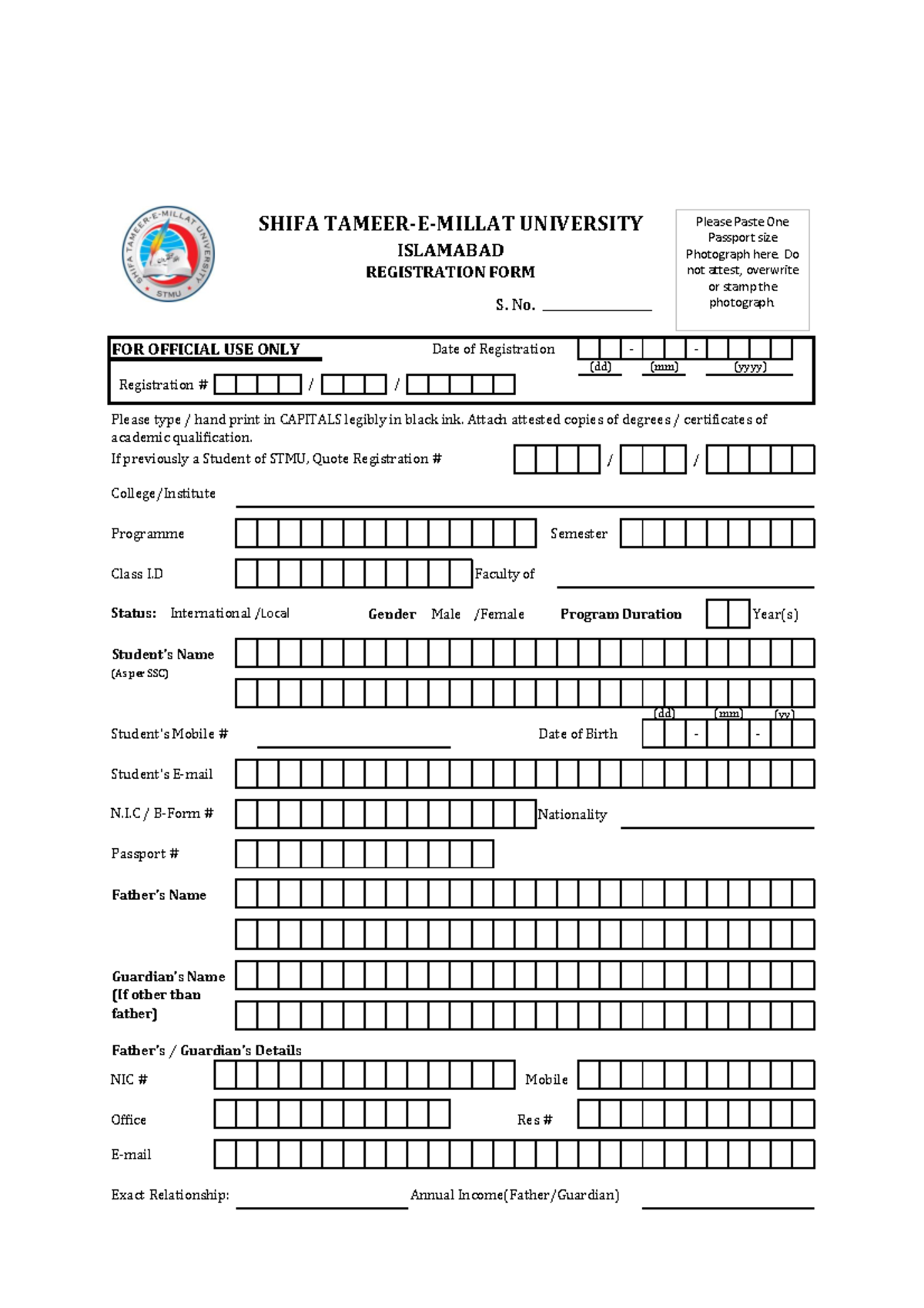 University registration form - S. No. FOR OFFICIAL USE ONLY Date of ...