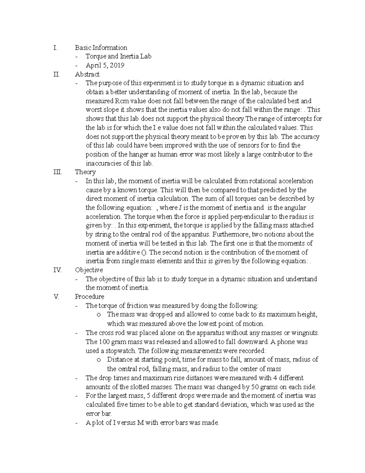 Torque and Inertia Lab Report - I. Basic Information - Torque and ...