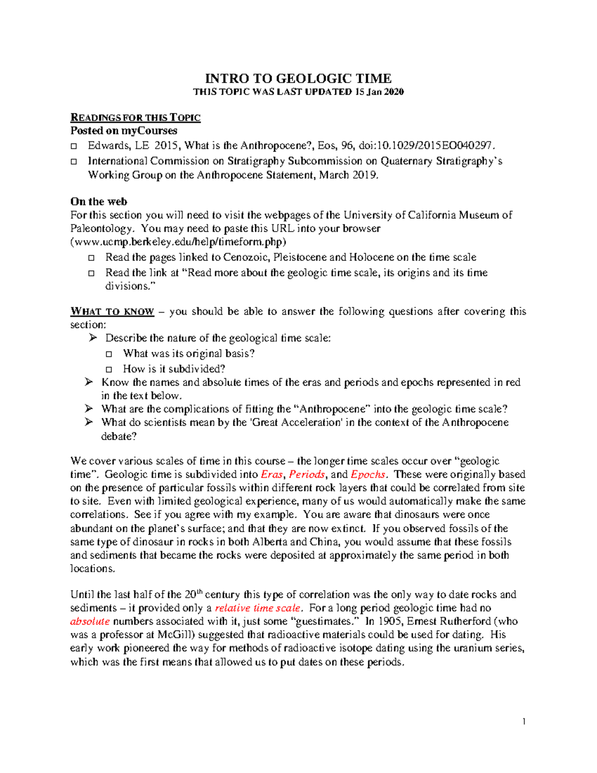 Jan 16 Geologic Time - 1 INTRO TO GEOLOGIC TIME THIS TOPIC WAS LAST ...