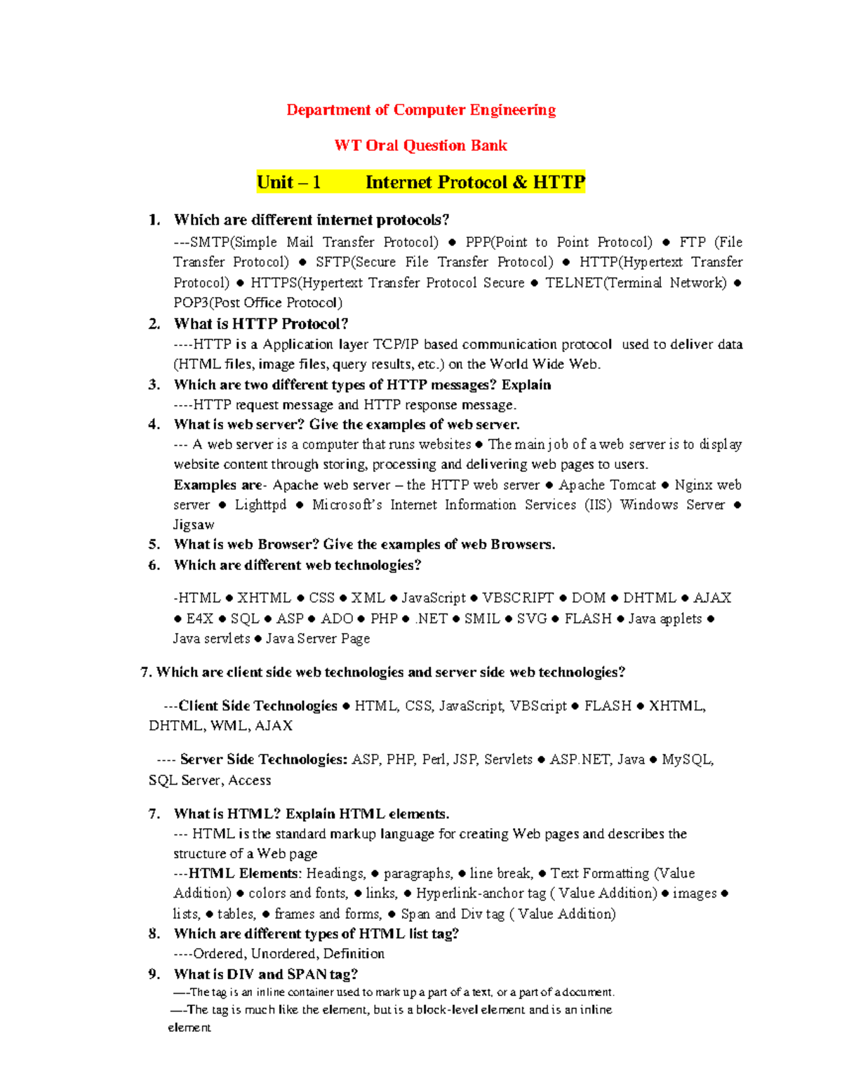 WT oral Question bank - Department of Computer Engineering WT Oral Question Bank Unit – 1 ...