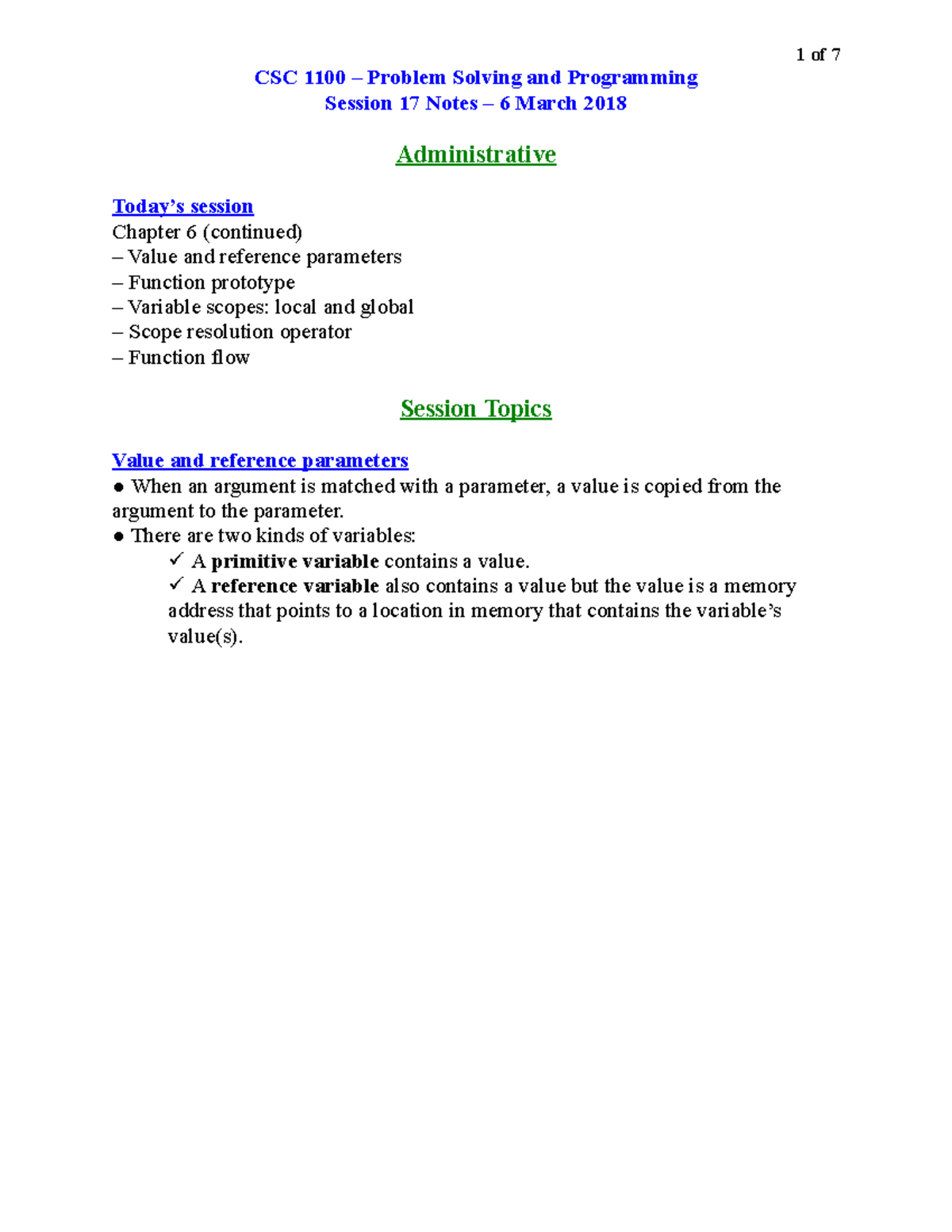 CSC1100 Dan O Session 17Notes 2018 0306 - 1 of 7 CSC 1100 – Problem ...