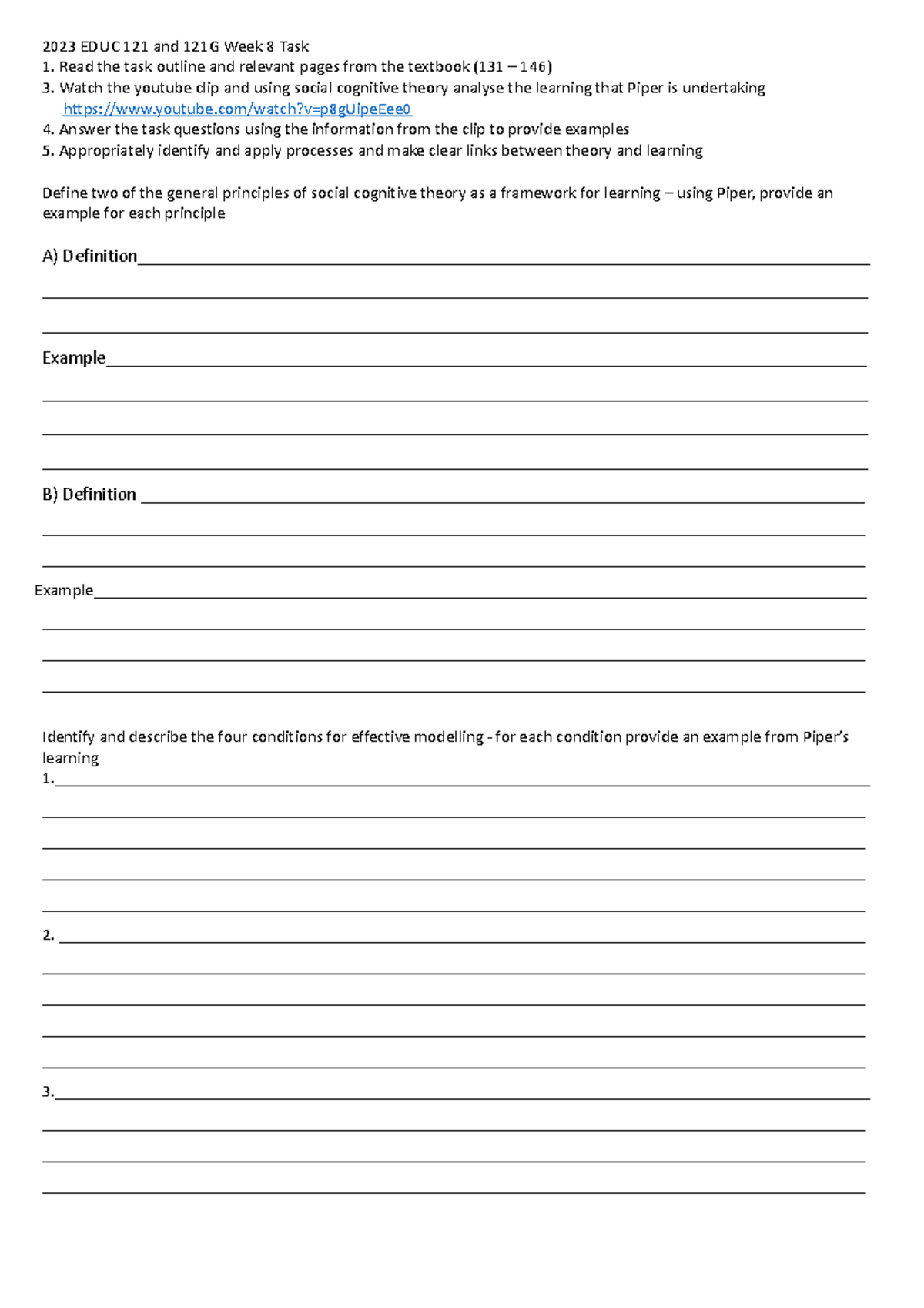 2023 EDUC 121 - 121G Week 8 Assessment TASK - 2023 EDUC 121 and 121G ...