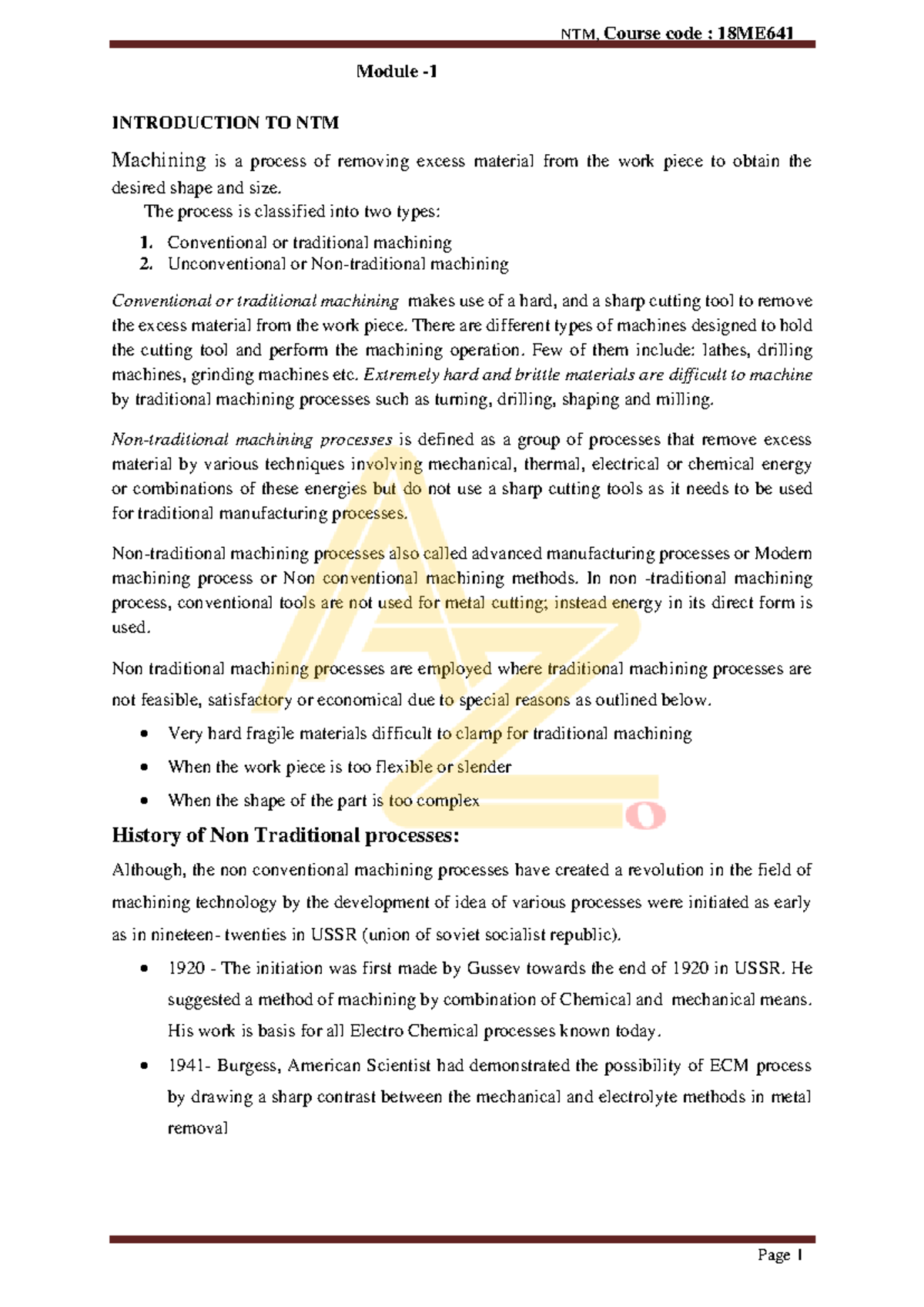 NTM Mod1@Az Documents - Module - INTRODUCTION TO NTM Machining is a process of removing excess ...
