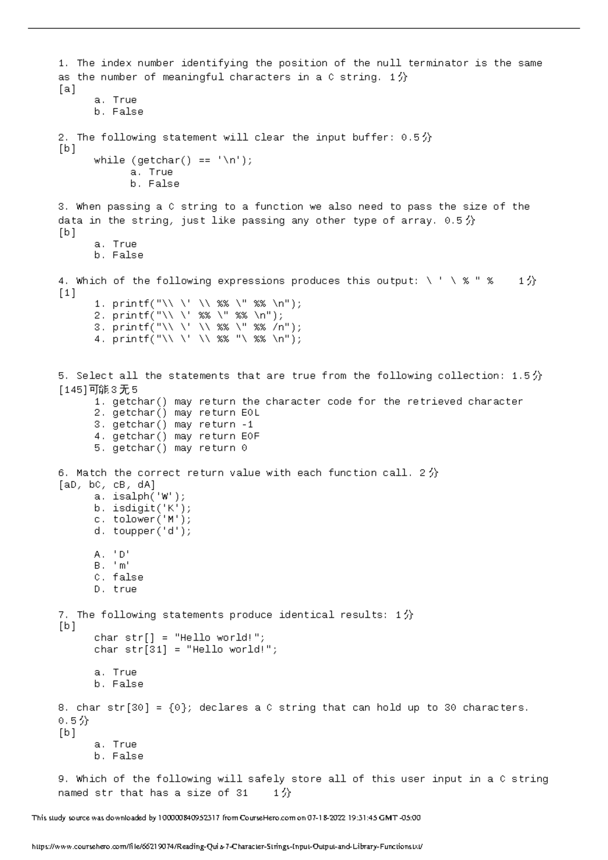 Reading Quiz 7 Character Strings Input Output And Library Functions Txt