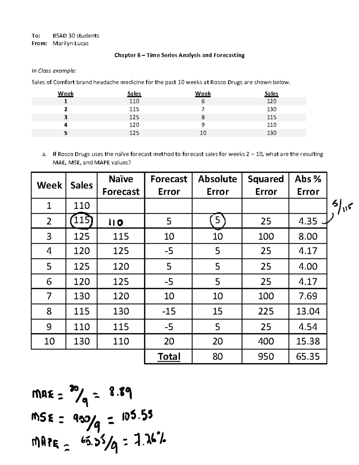 BSAD 030 ch6 worksheets - To: BSAD 30 students From: Marilyn Lucas ...