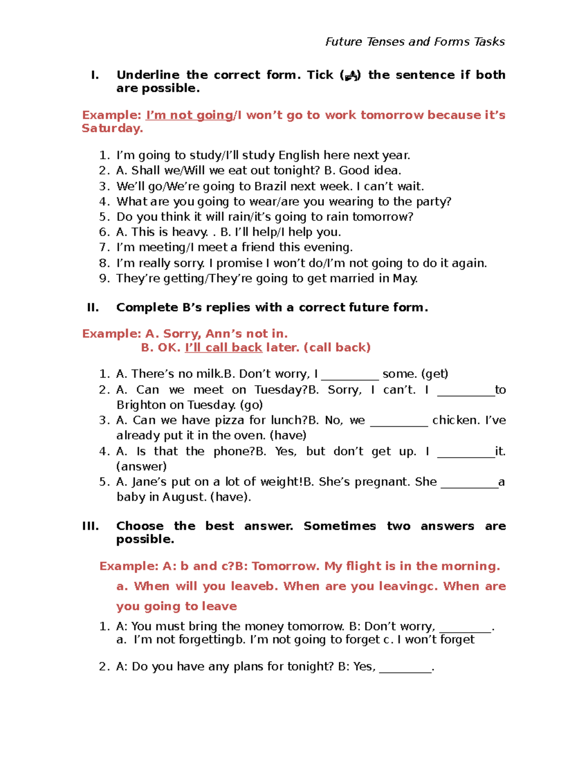 Future Forms Tasks - work - Future Tenses and Forms Tasks I. Underline ...
