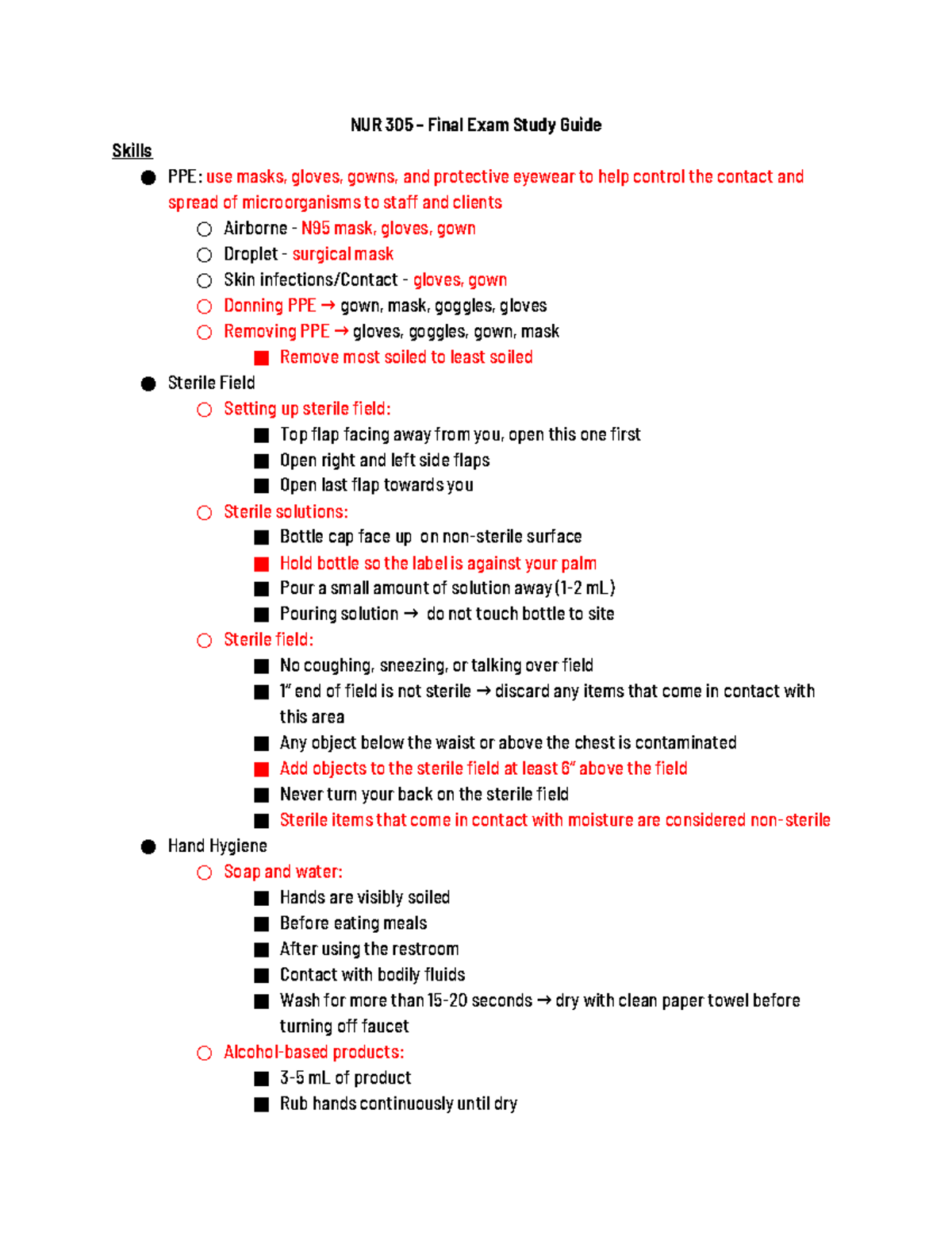 NUR 305 - Final Exam Study Guide - NUR 305 - Final Exam Study Guide Skills PPE: use masks ...
