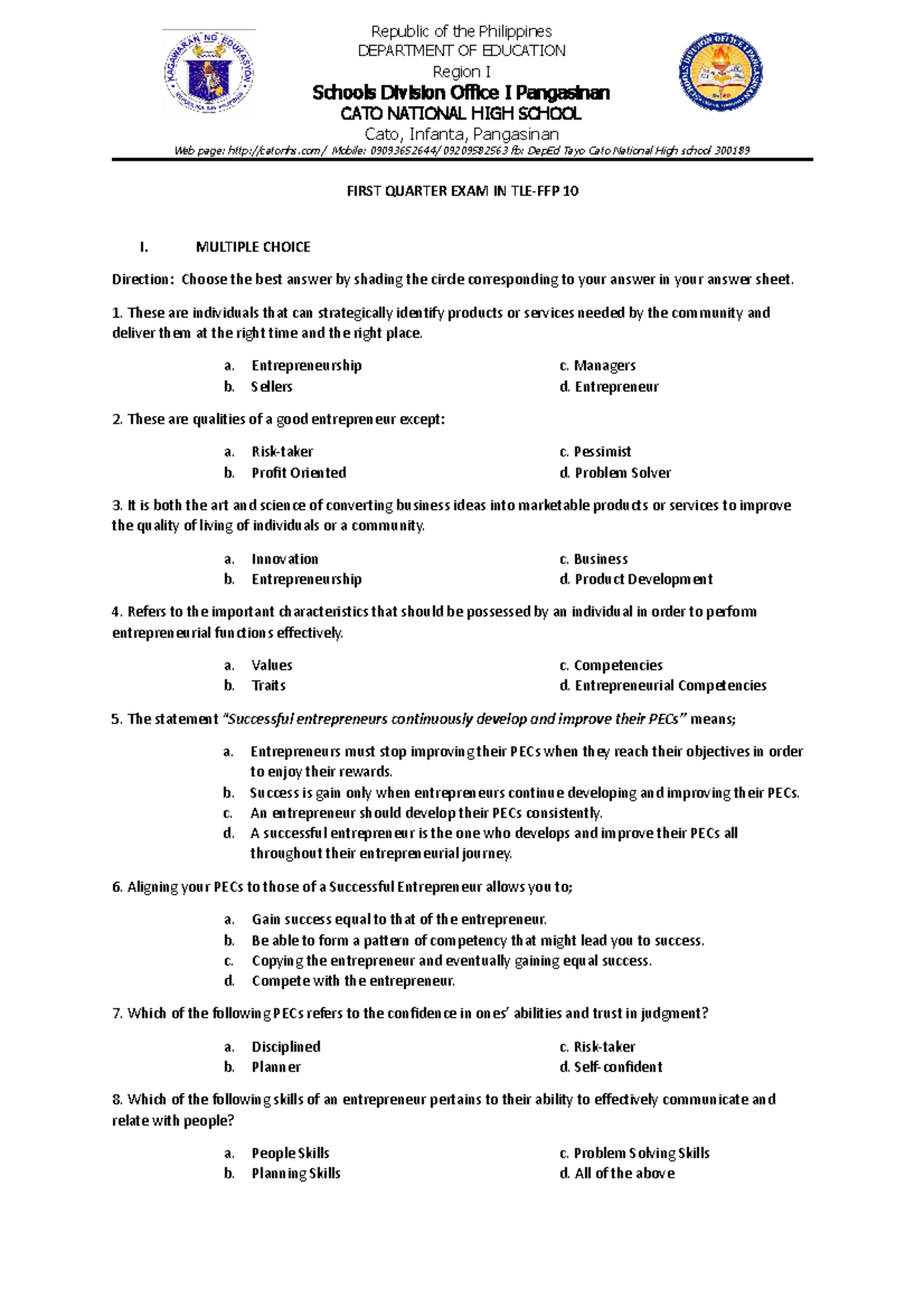 Q1 Exam TLE 10 - Exam in TLE-FFP 10 - DEPARTMENT OF EDUCATION Region I ...