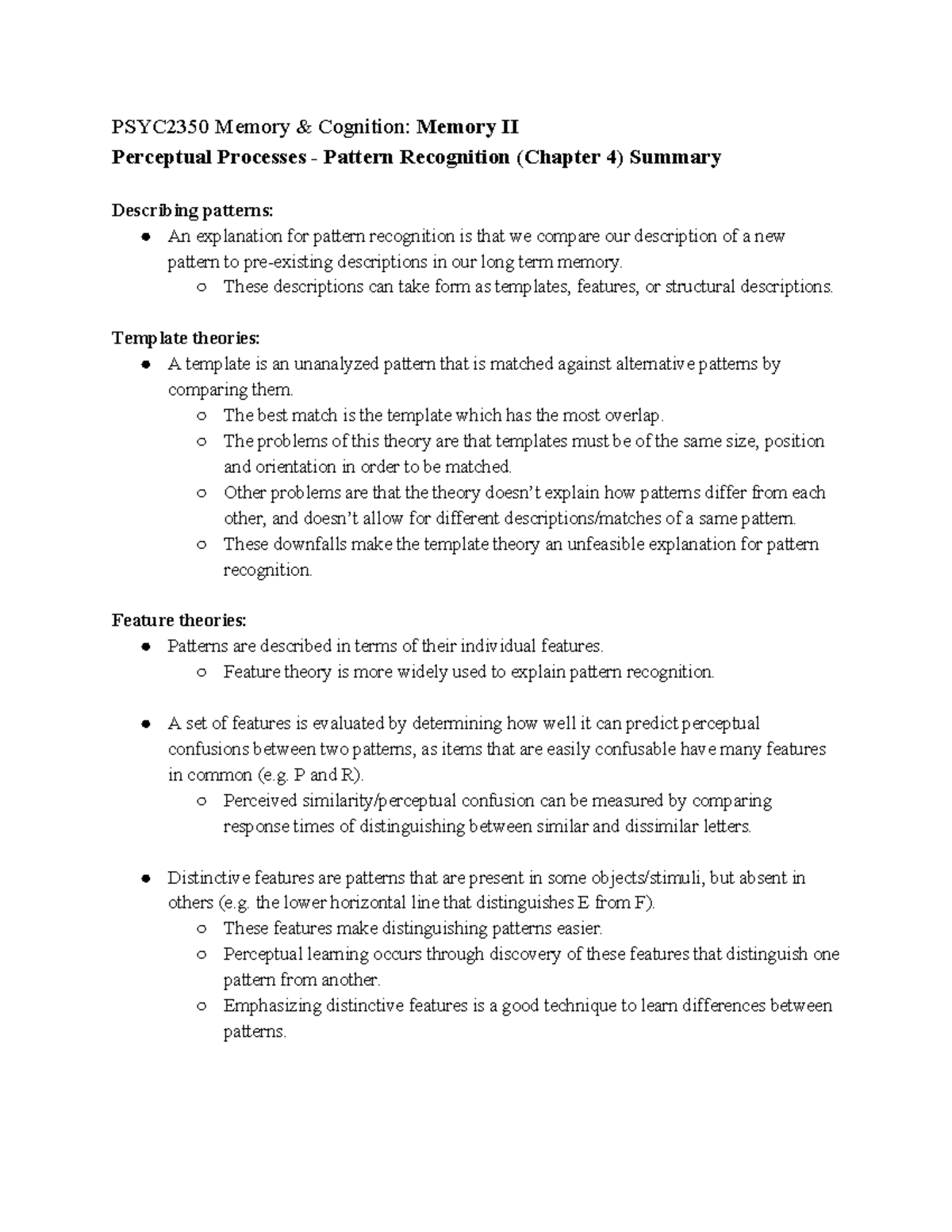 Psyc2350 Memory And Cognition Memory Ii Perceptual Processes Pattern Recognition Chapter 4
