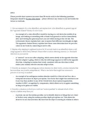 HW 1 - HW 1 Assignment. - Describe the function of the cornea and the ...