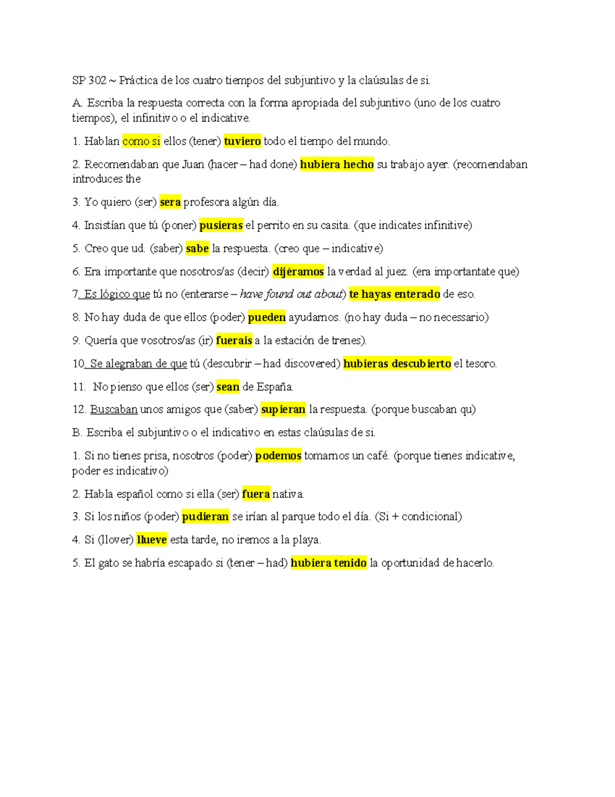 More practice with 4 tense of subjunctive - SP 302 ~ Práctica de los ...