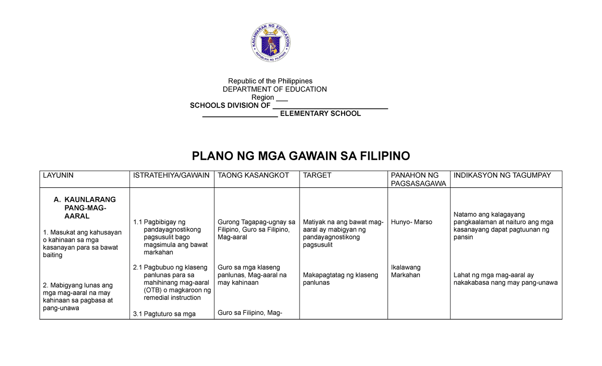 School Action plan in Filipino S - Republic of the Philippines ...