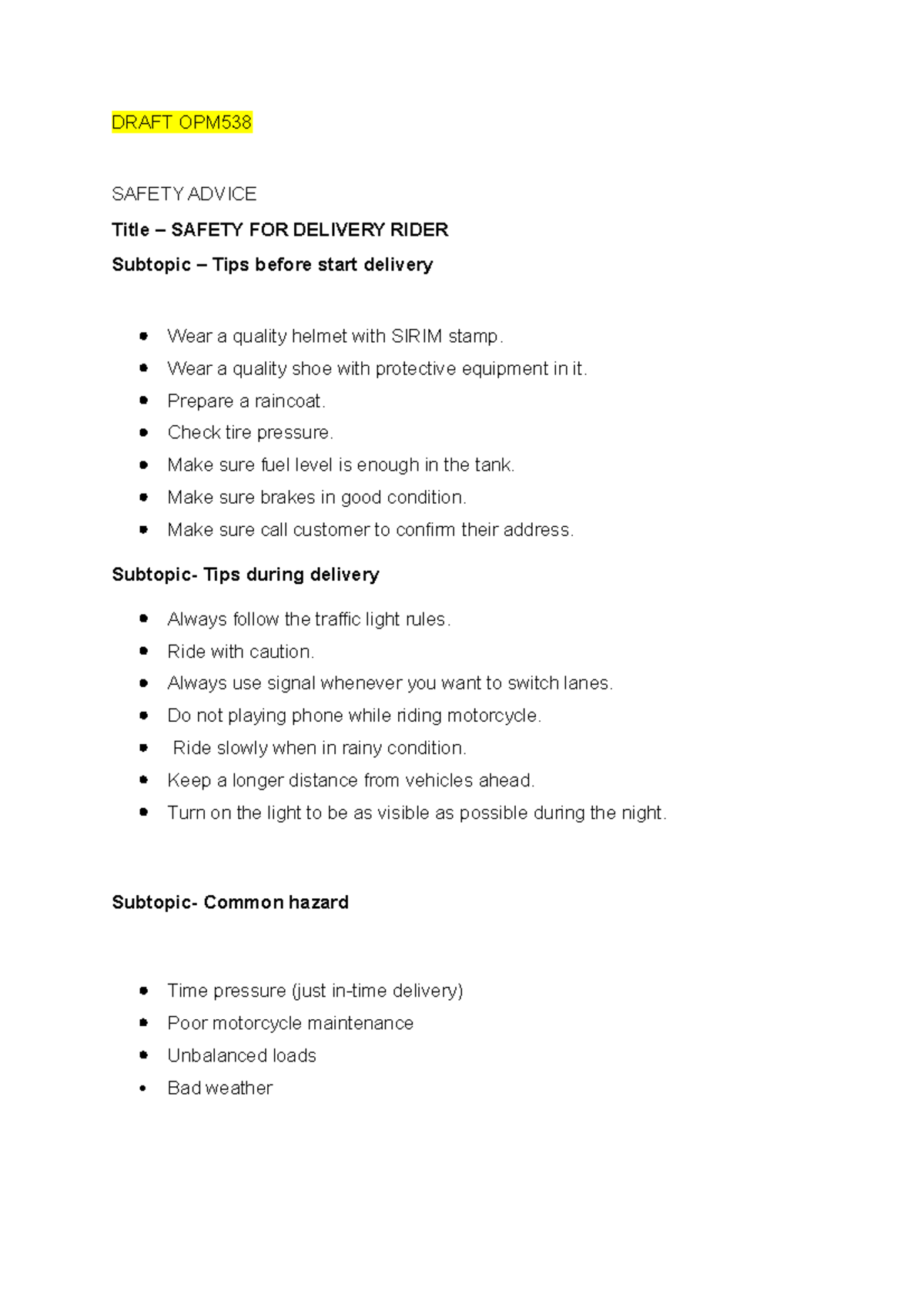 Draft OPM538 - DRAFT OPM SAFETY ADVICE Title – SAFETY FOR DELIVERY ...