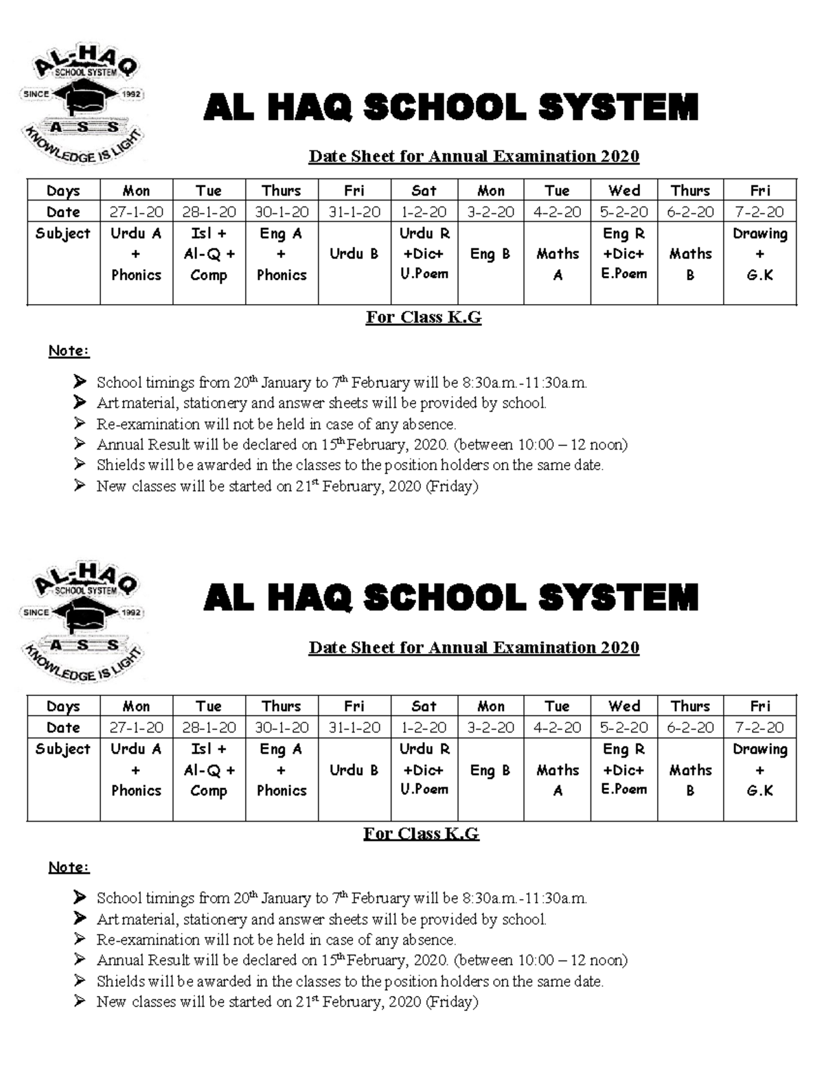 maa 104568451323 - AL HAQ SCHOOL SYSTEM Date Sheet for Annual ...
