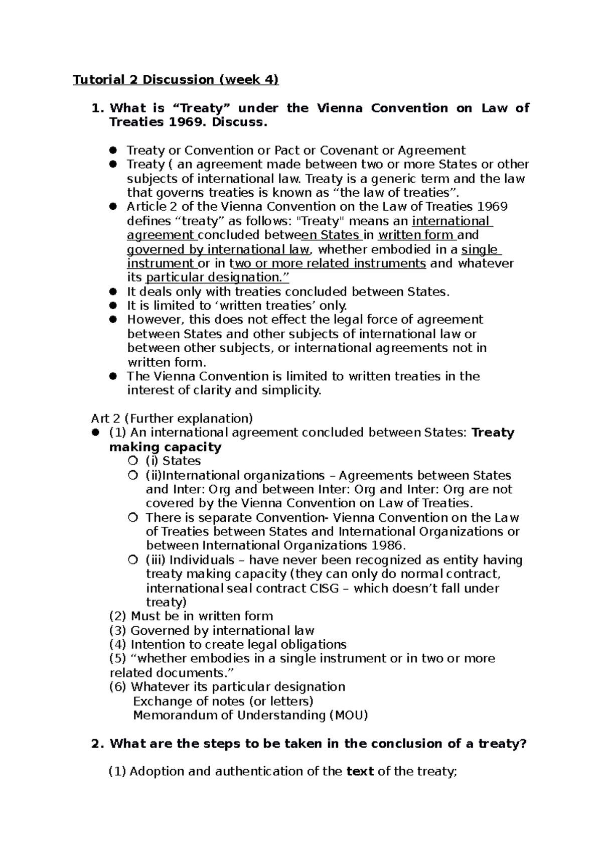 Tutorial 2 Discussion (W4) - Tutorial 2 Discussion (week 4) What is “Treaty” under the Vienna ...