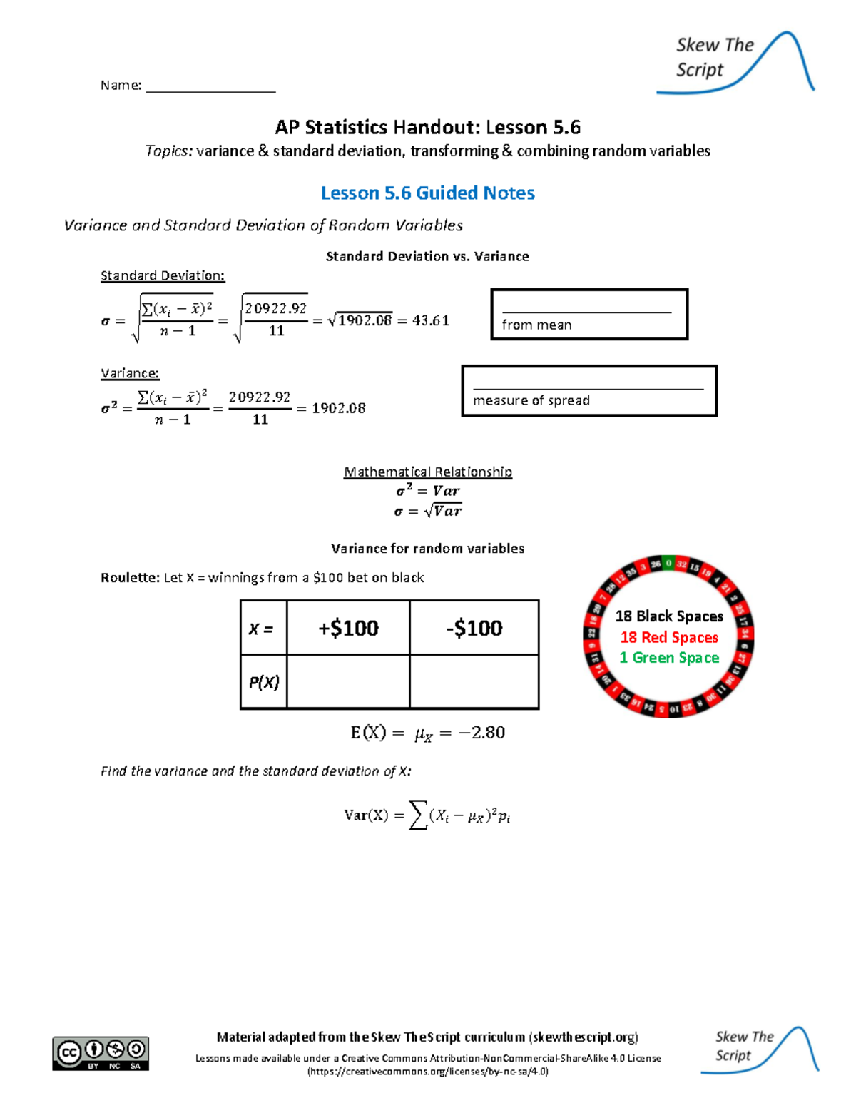 5.6 statistics handout from the university - Material adapted from the ...