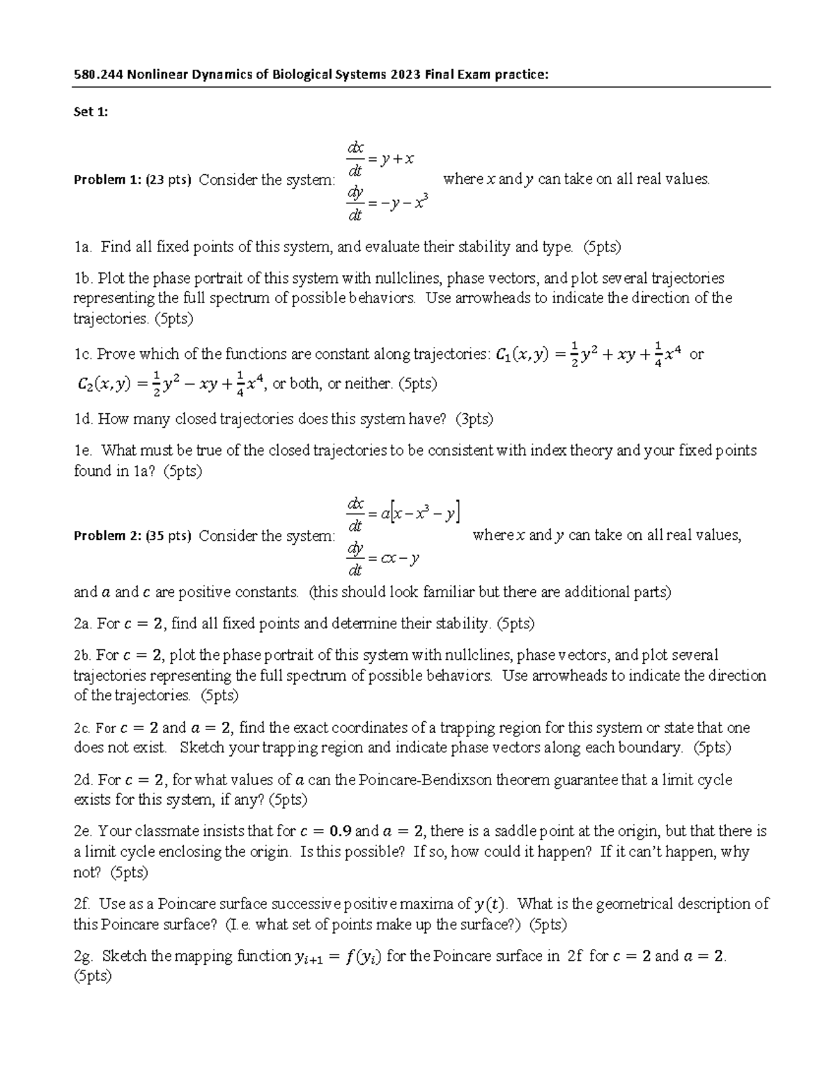 Final Exam Practice probs - 580 Nonlinear Dynamics of Biological ...