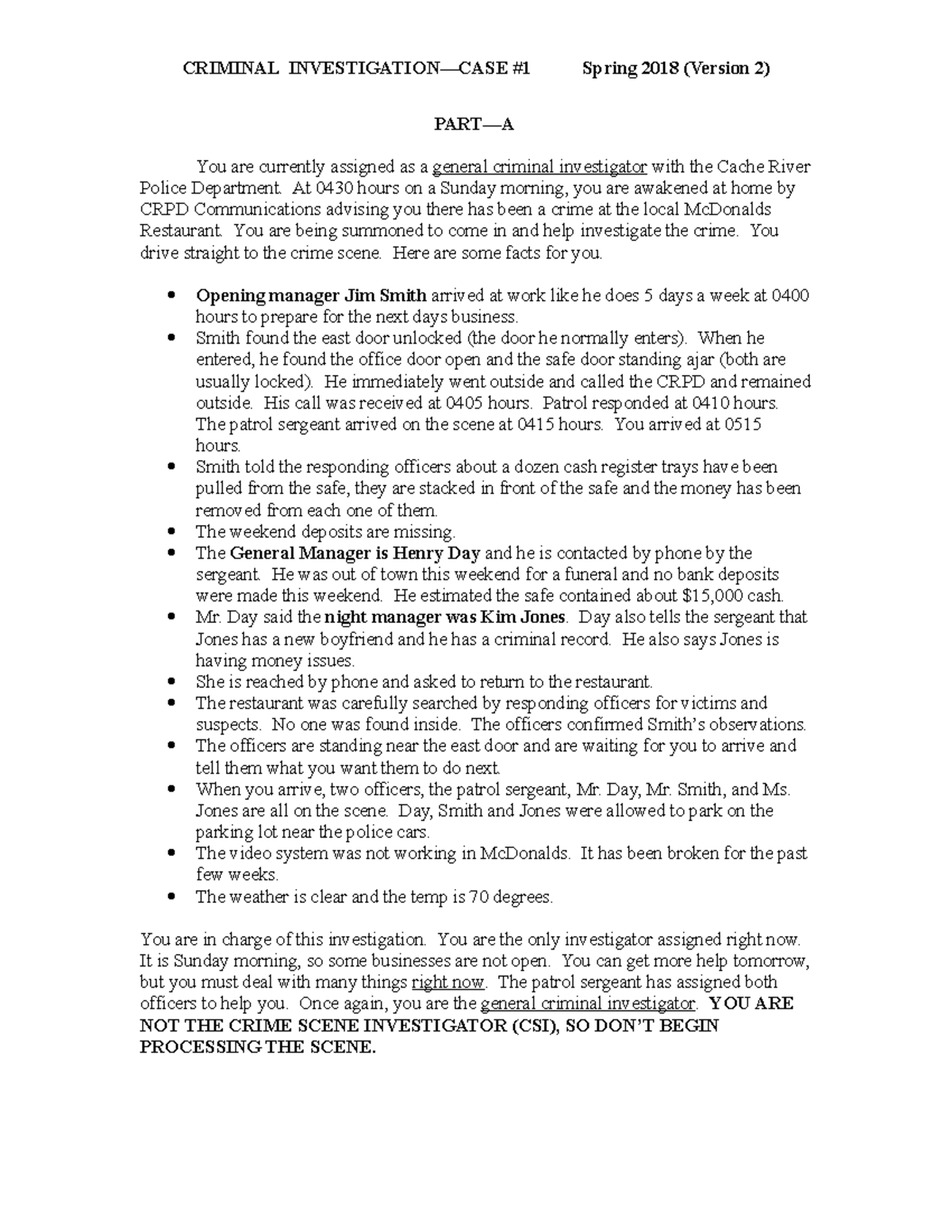 Mc Donalds' Case Part A 2018 - CRIMINAL INVESTIGATION—CASE #1 Spring ...