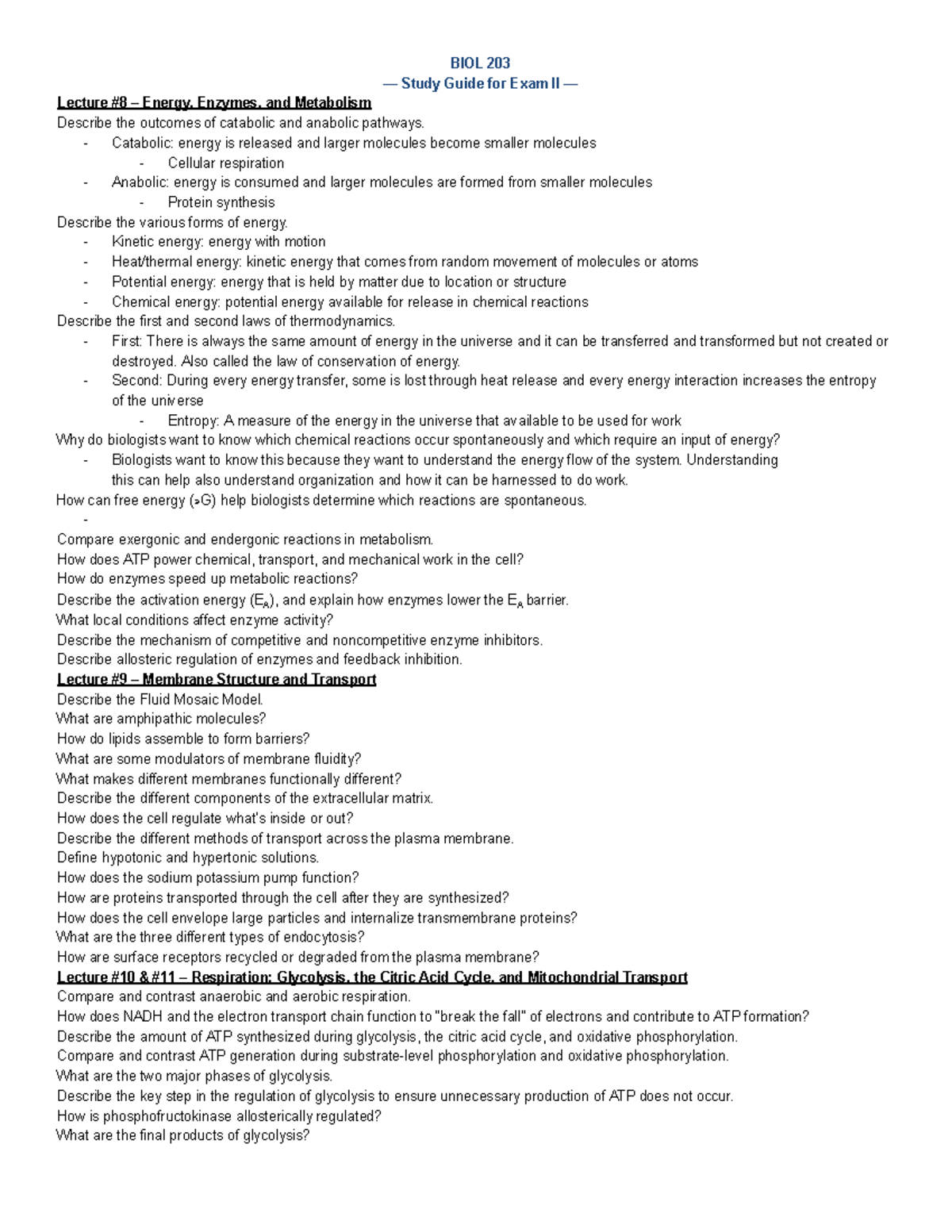 Bio 203 Exam 2 Study Guide - BIOL 203 — Study Guide for Exam II — Lecture #8 – Energy, Enzymes ...