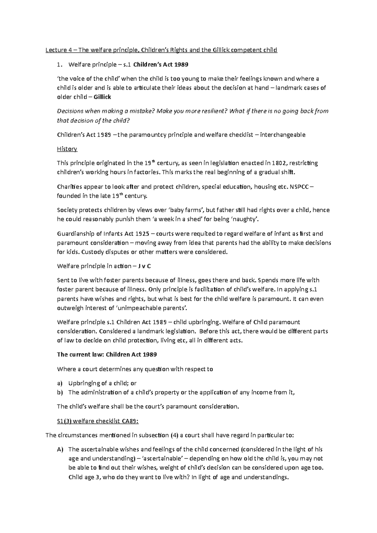 Lecture 4 - Welfare Pirnciple - Gillick, Best interest - Lecture 4 ...