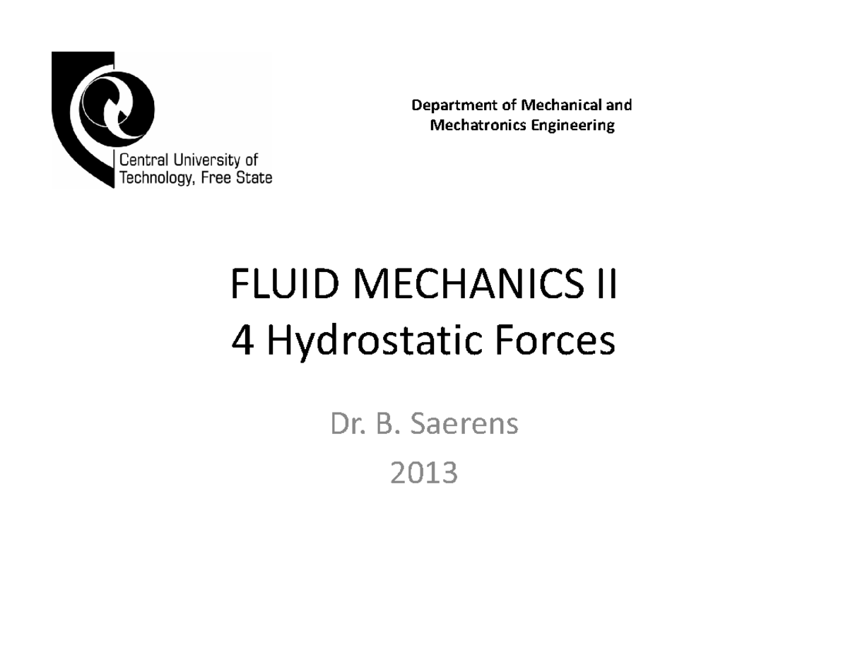 Hydrostatic force - FLUID MECHANICS II 4 Hydrostatic Forces Dr. B ...