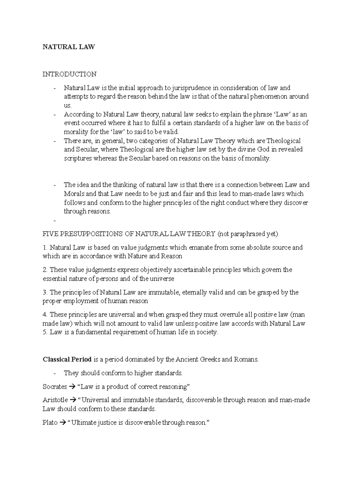 Natural Law Lecture Notes Jurisprudence - NATURAL LAW INTRODUCTION ...