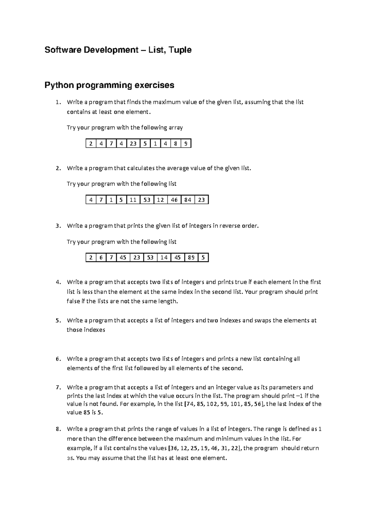 Exercise 3 Software Development List Tuple Python Programming Exercises Write A Program