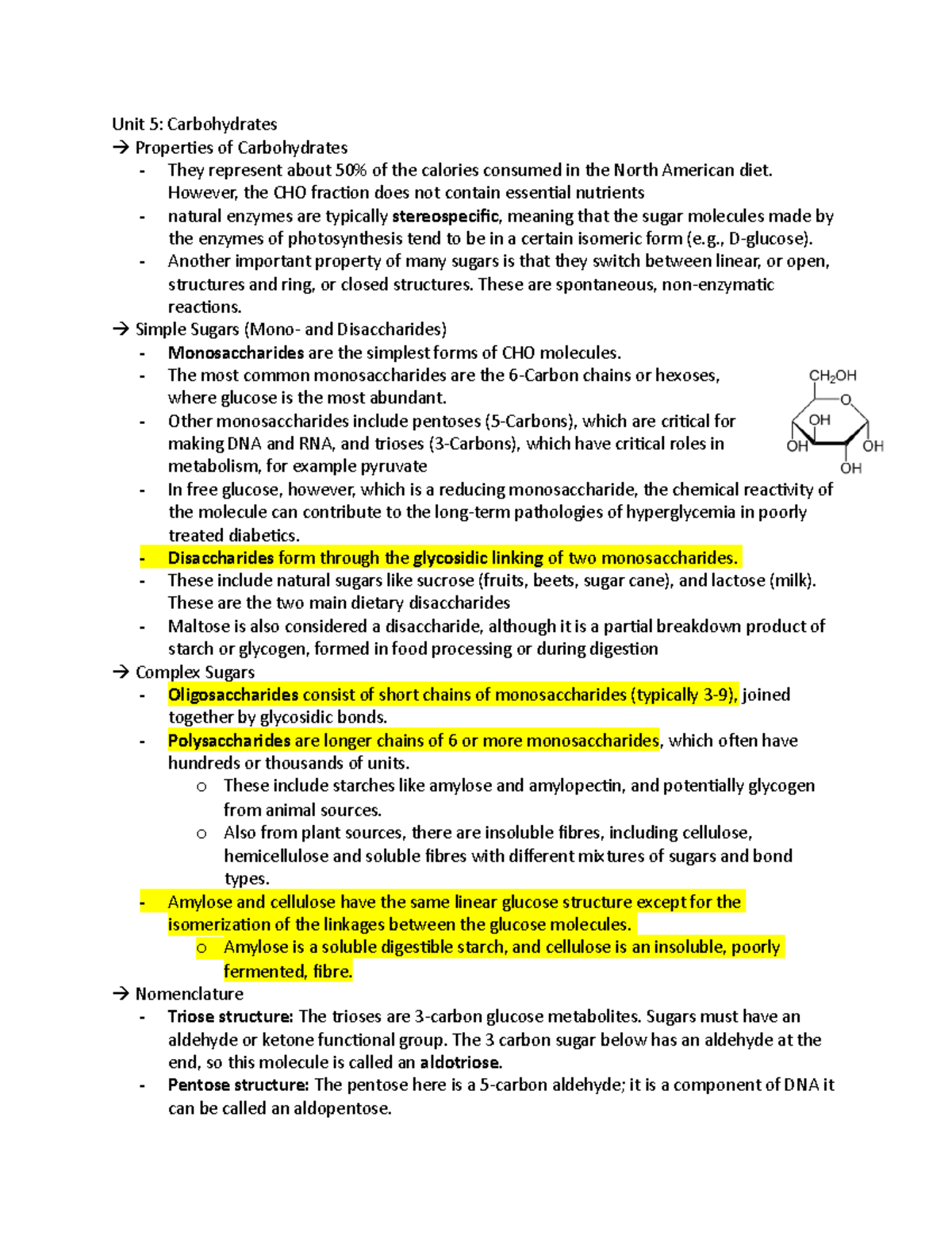 Unit 5 - CLASS NOTES - Unit 5: Carbohydrates Properties of ...