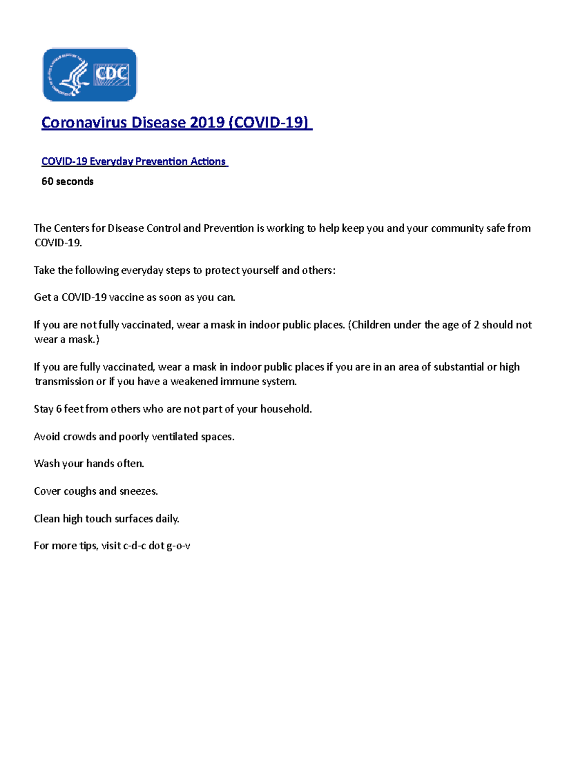 CDC Covid 19 PSA Everyday Prevention Actions - Coronavirus Disease 2019 ...